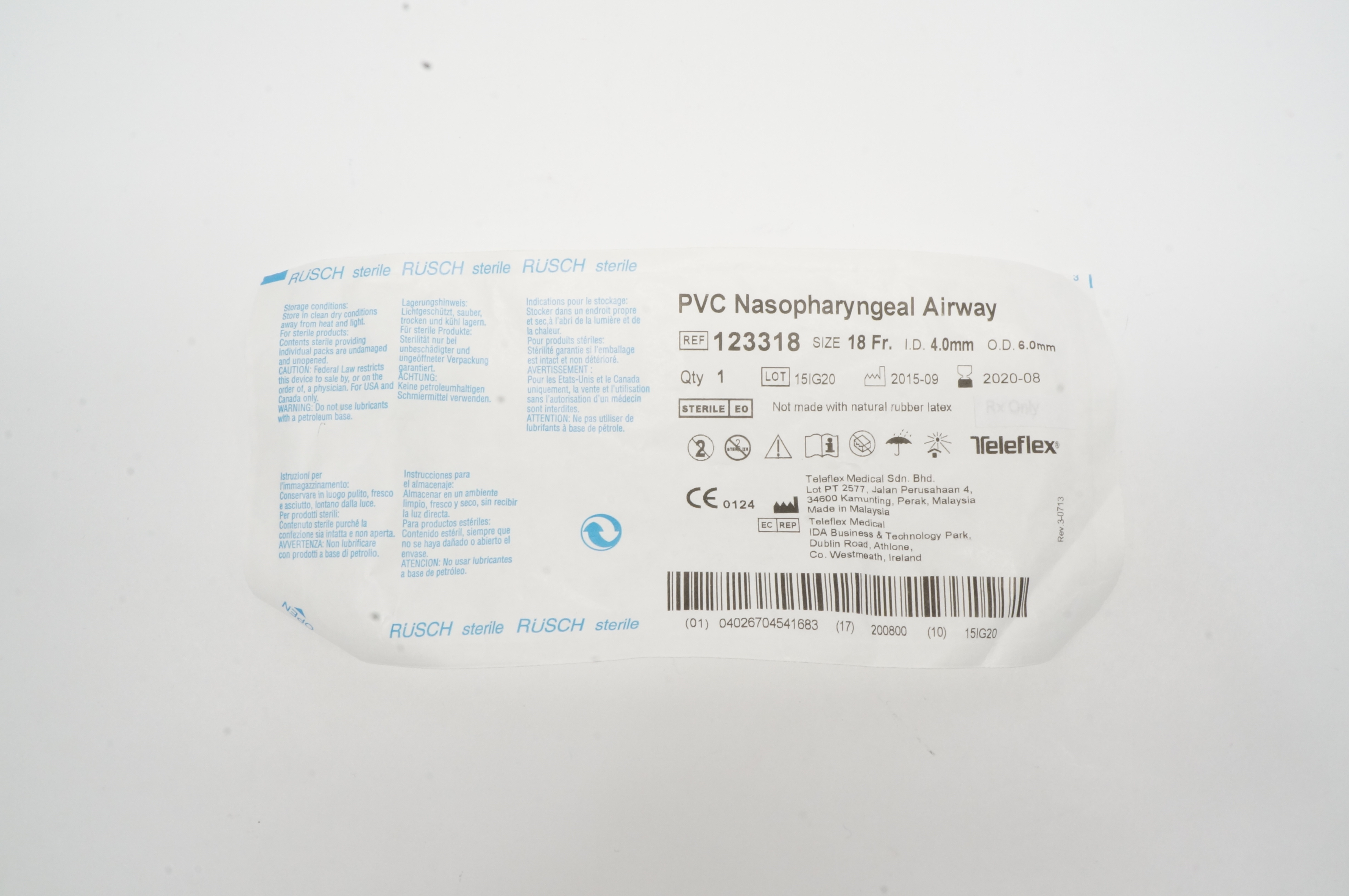 Teleflex 123318 Rusch PVC Nasopharyngeal Airway 18Fr x ID 4.0mm x OD 6 ...
