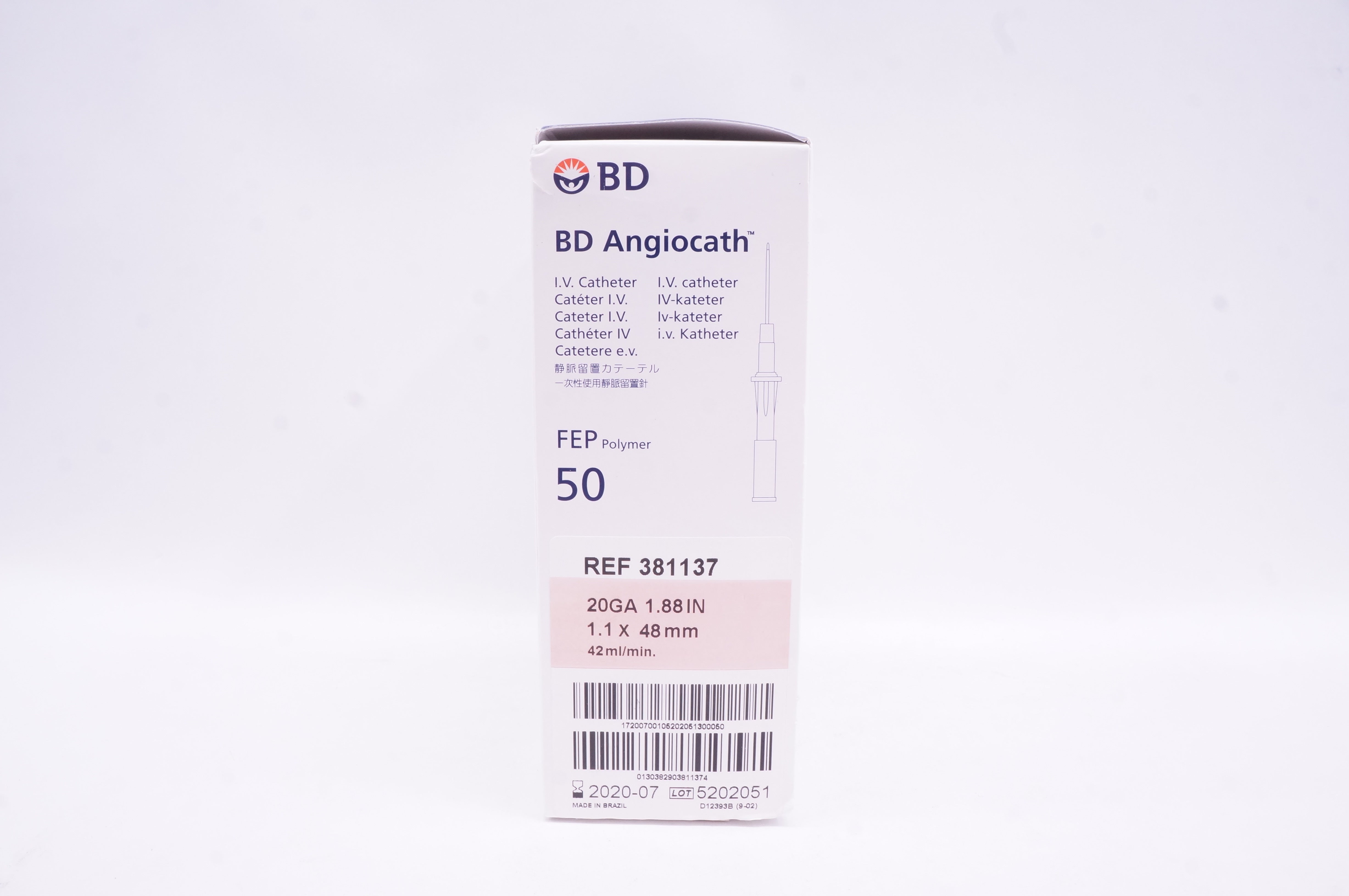 BD 381137 Angiocath I.V. Cath. 20GA x 1.88 inch, 42 ml/min (x) - Box of 50