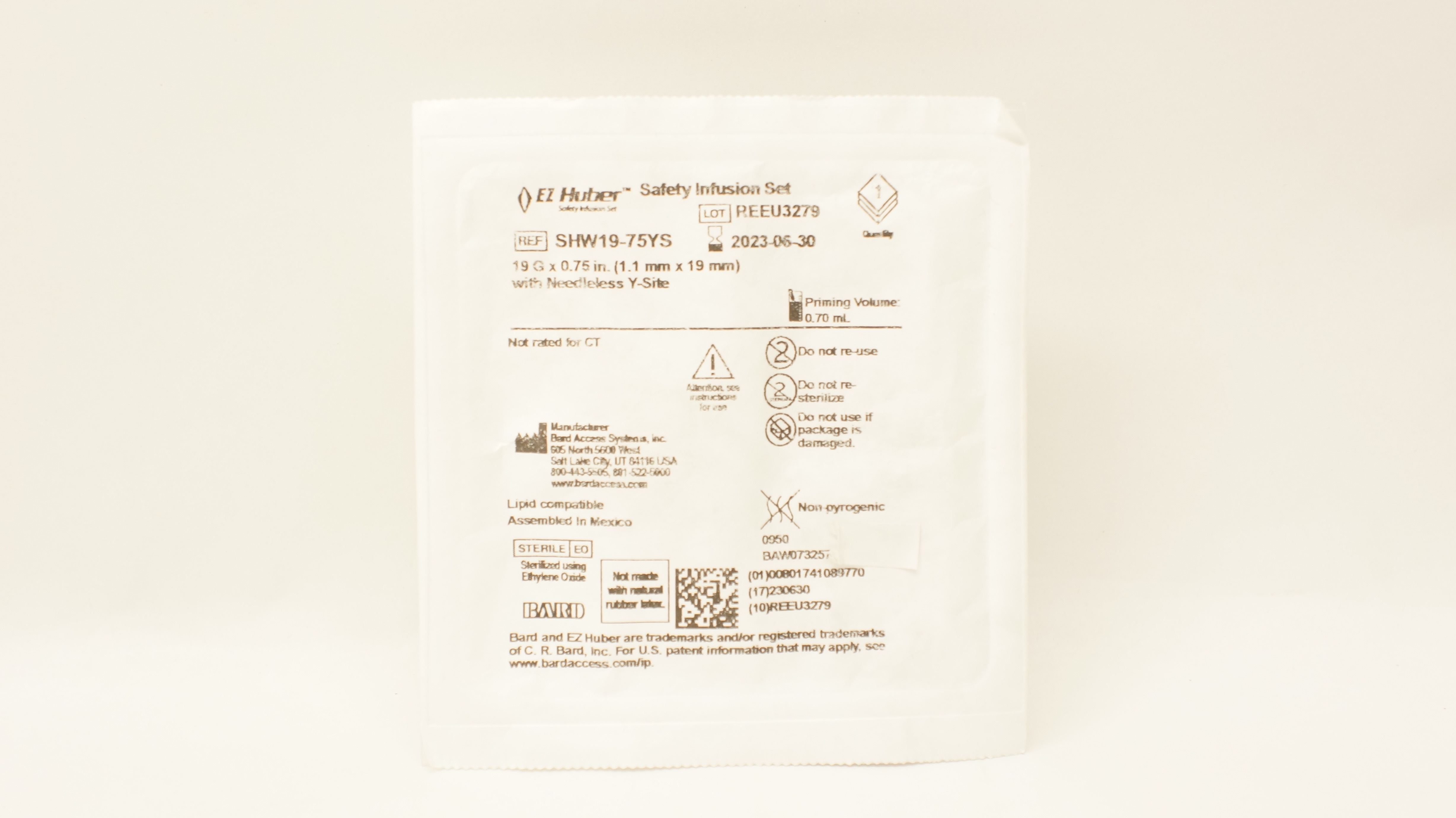 Bard SHW19-75YS EZ Huber Safety Infusion Set 19G x 0.75inch 0.70mL