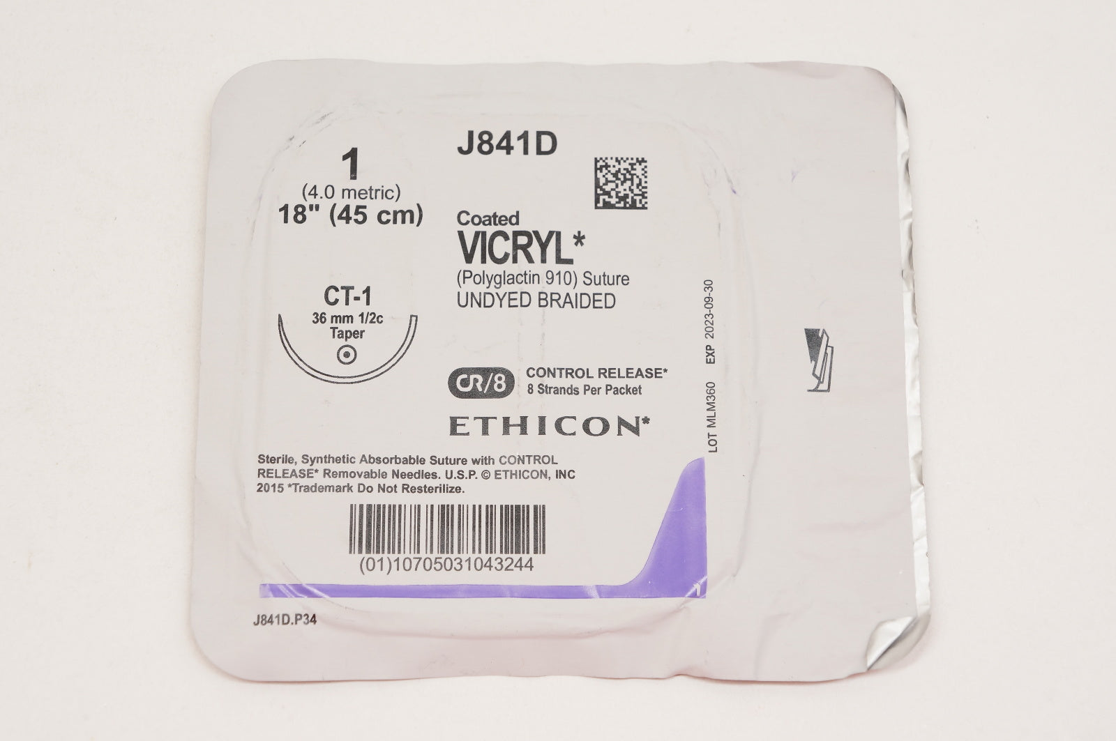 Ethicon J841D 1 VICRYL, CT-1, 36mm 1/2c Taper, 18inch