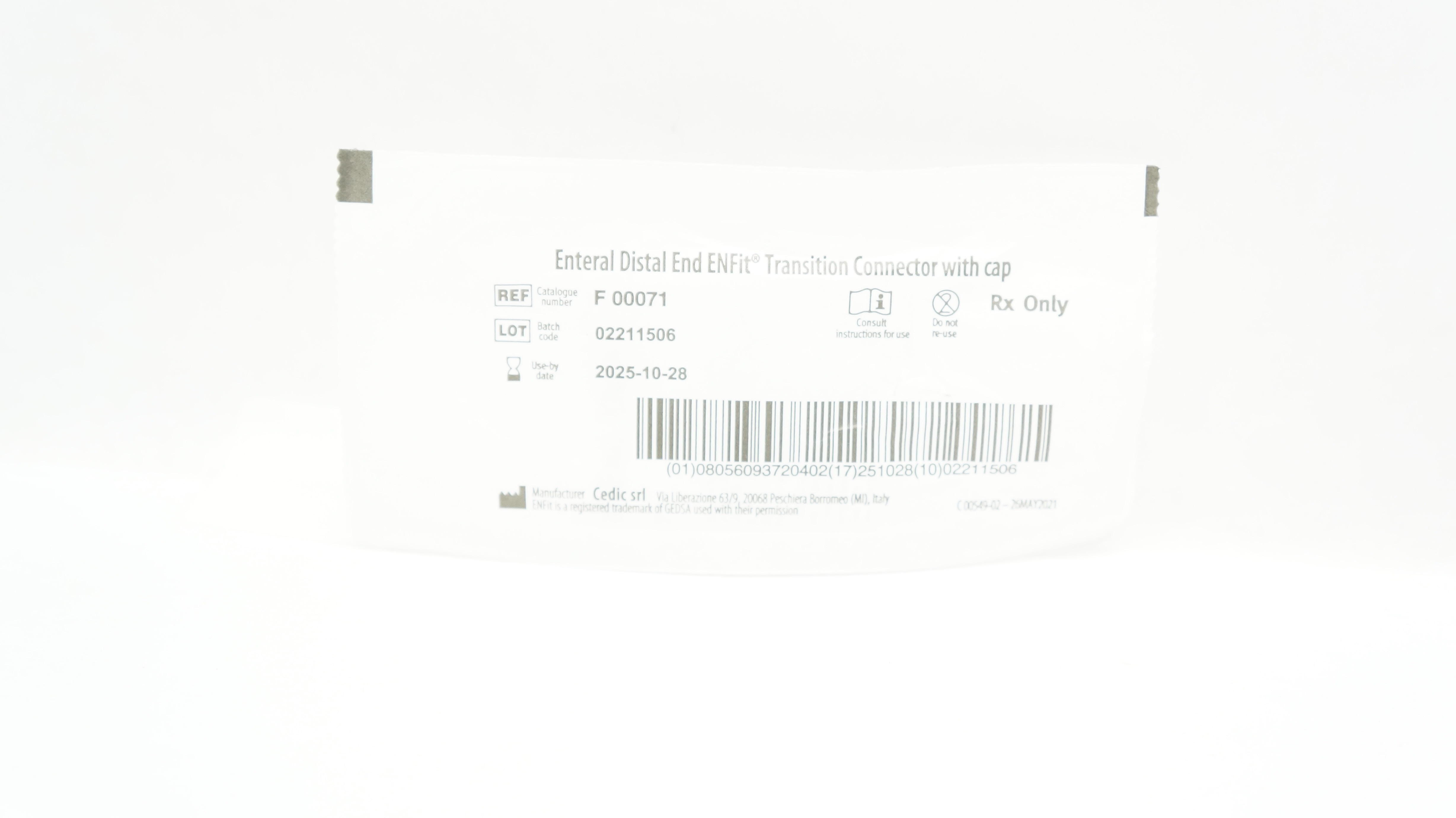 Cedic SRL F00071 Enteral Distal ENFit Transition Connector with Cap