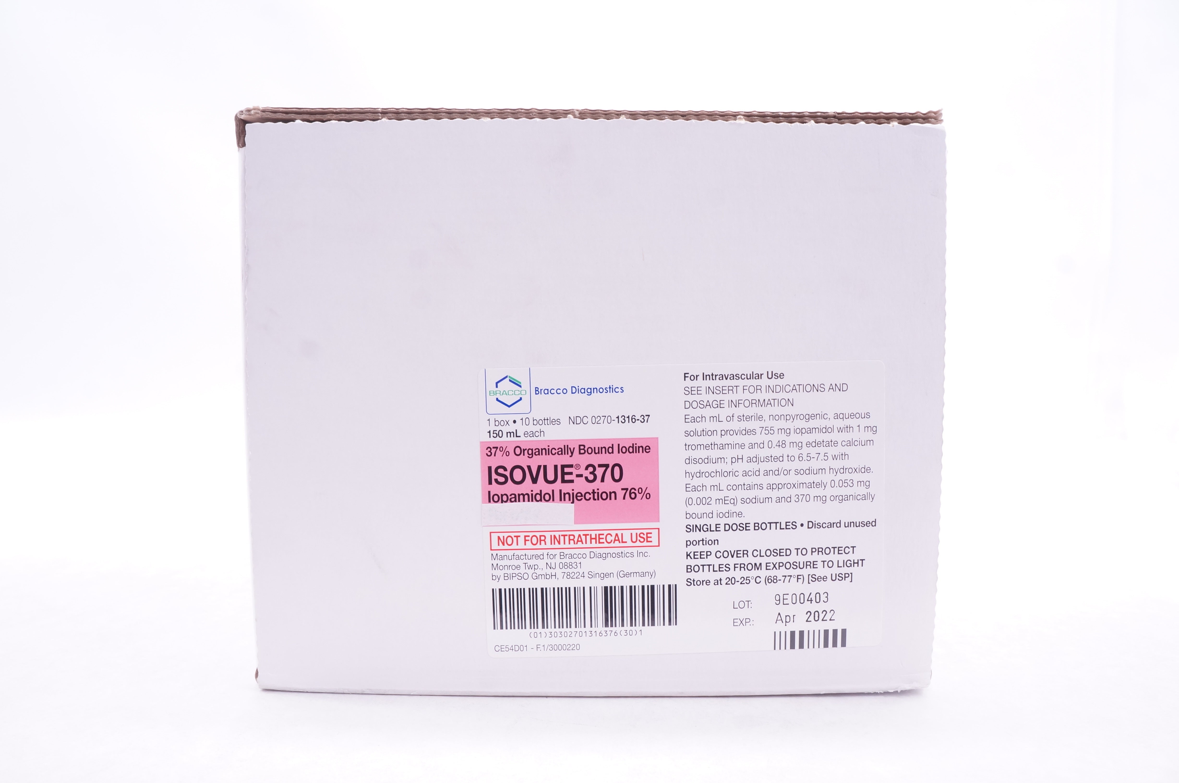 Bracco Diagnostics 0270-1316-37 37%Organically Bound lodine ISOVUE-370 ...