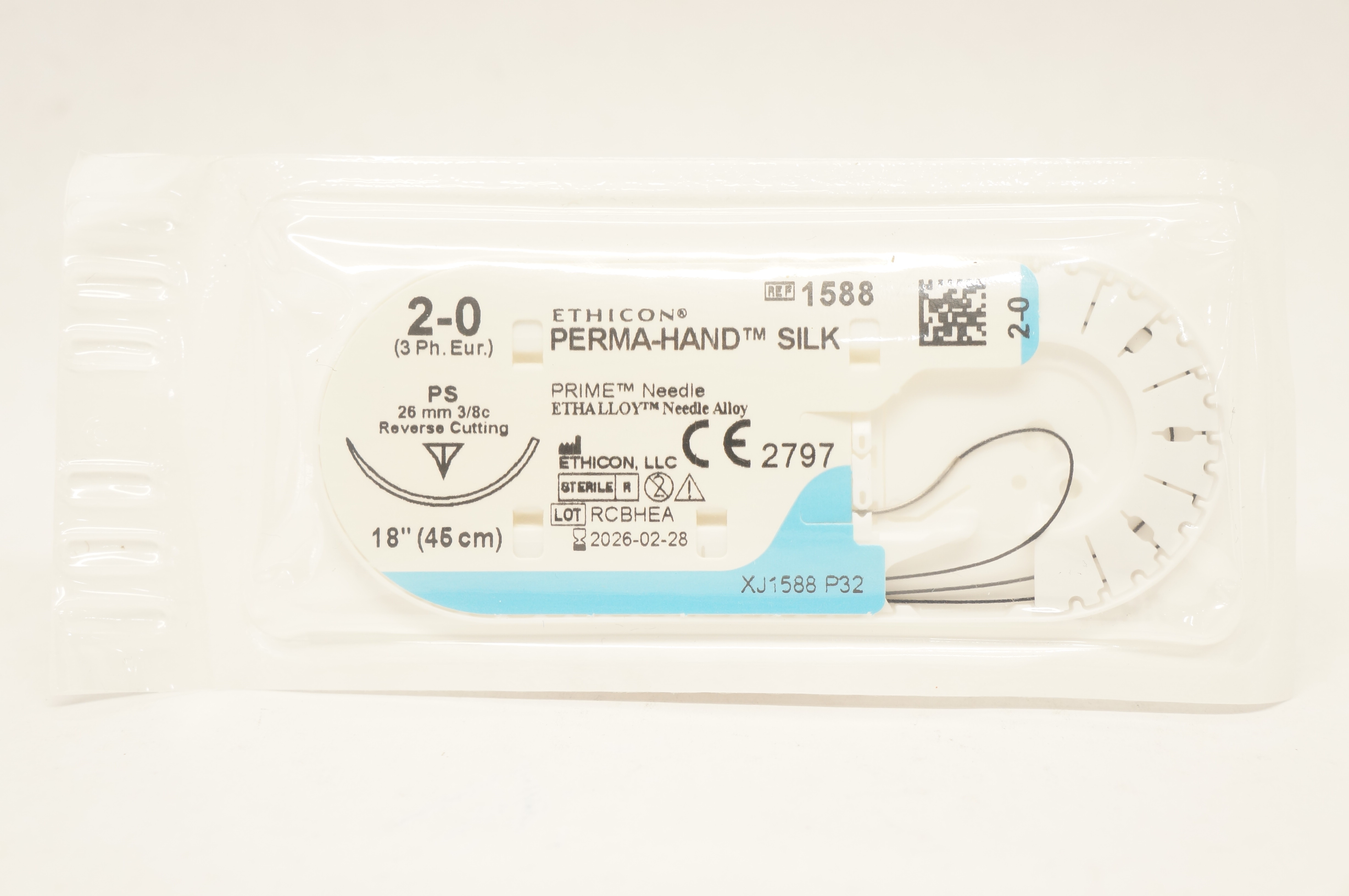 Ethicon 1588 2-0 PERMA-HAND SILK Stre PS 26mm 3/8c Reverse Cutting, 18inch