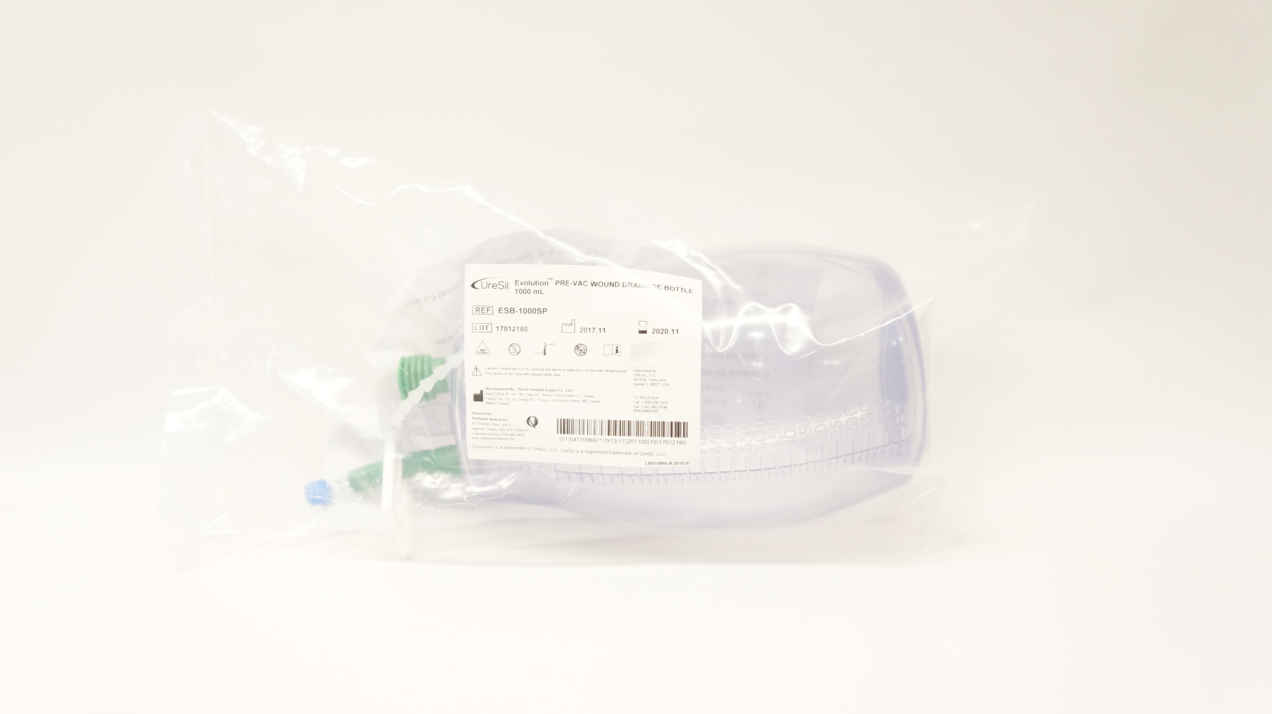 UreSil ESB-1000SP Evolution Pre-Vac Wound Drainage Bottle, 1000mL (x)