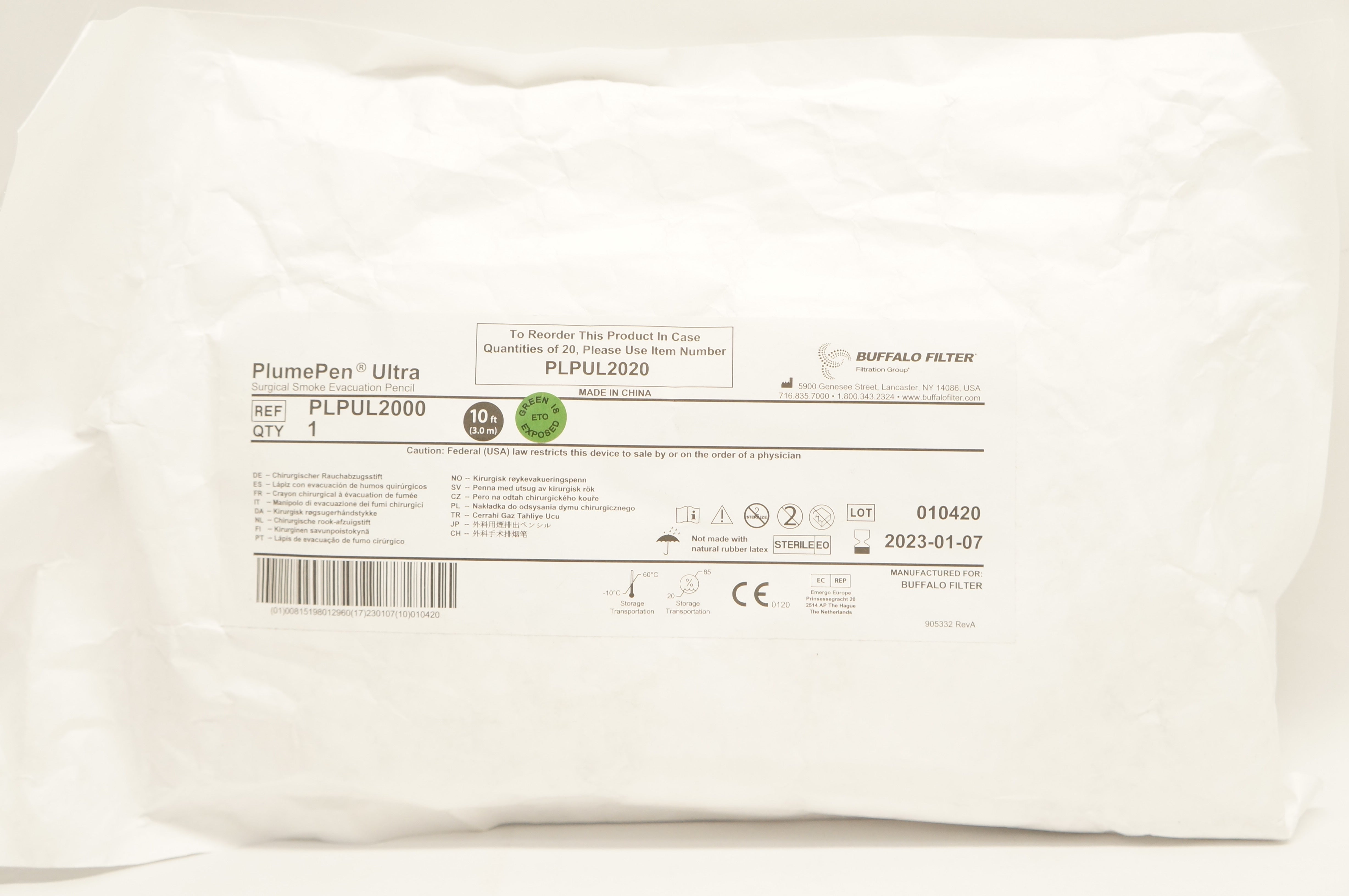 Buffalo Filter PLPUL2000 PlumePen Ultra Surgical Smoke Evacuation Pencil