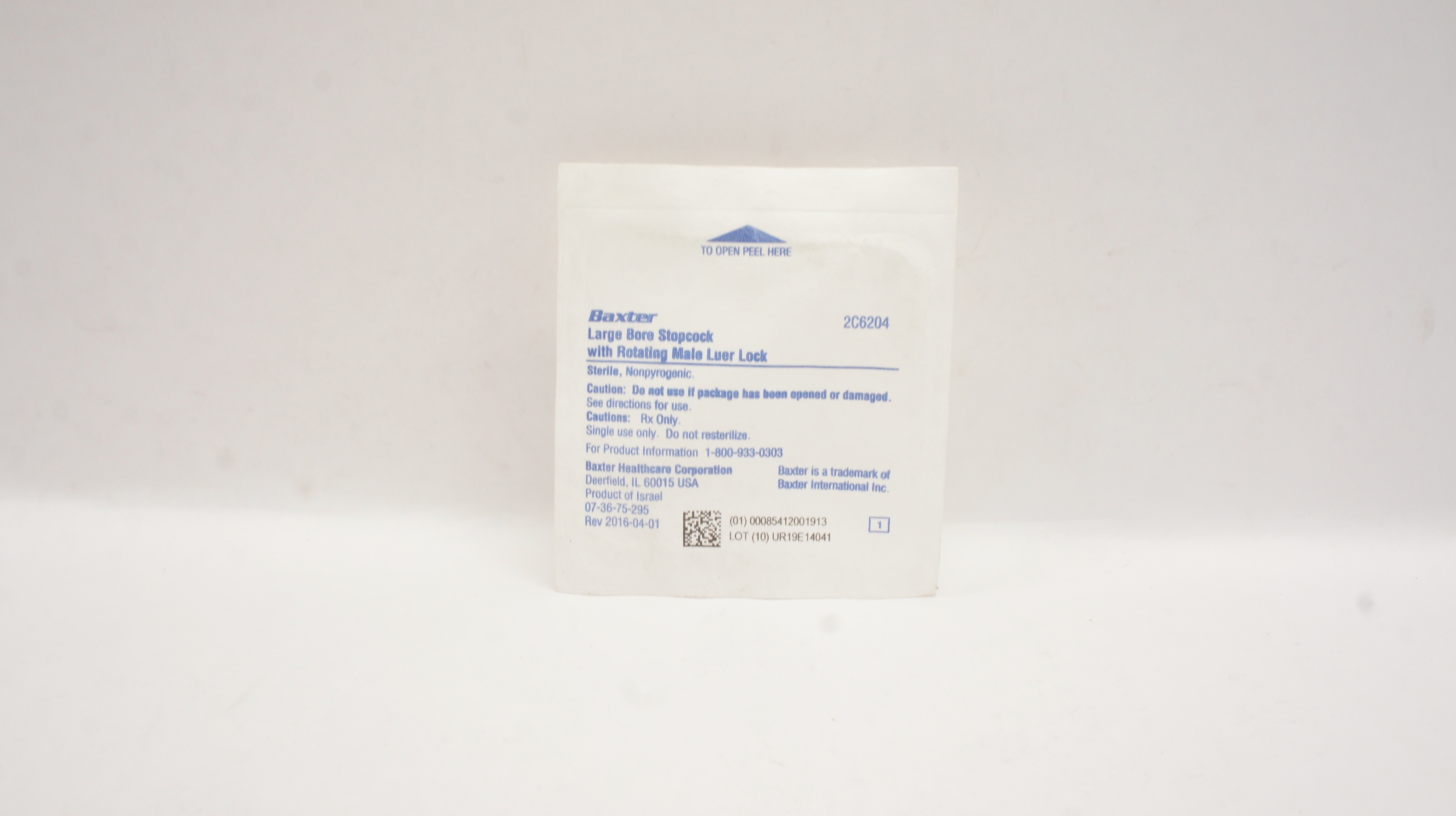 Baxter 2C6204 Large Bore Stopcock with Rotating Male Luer Lock