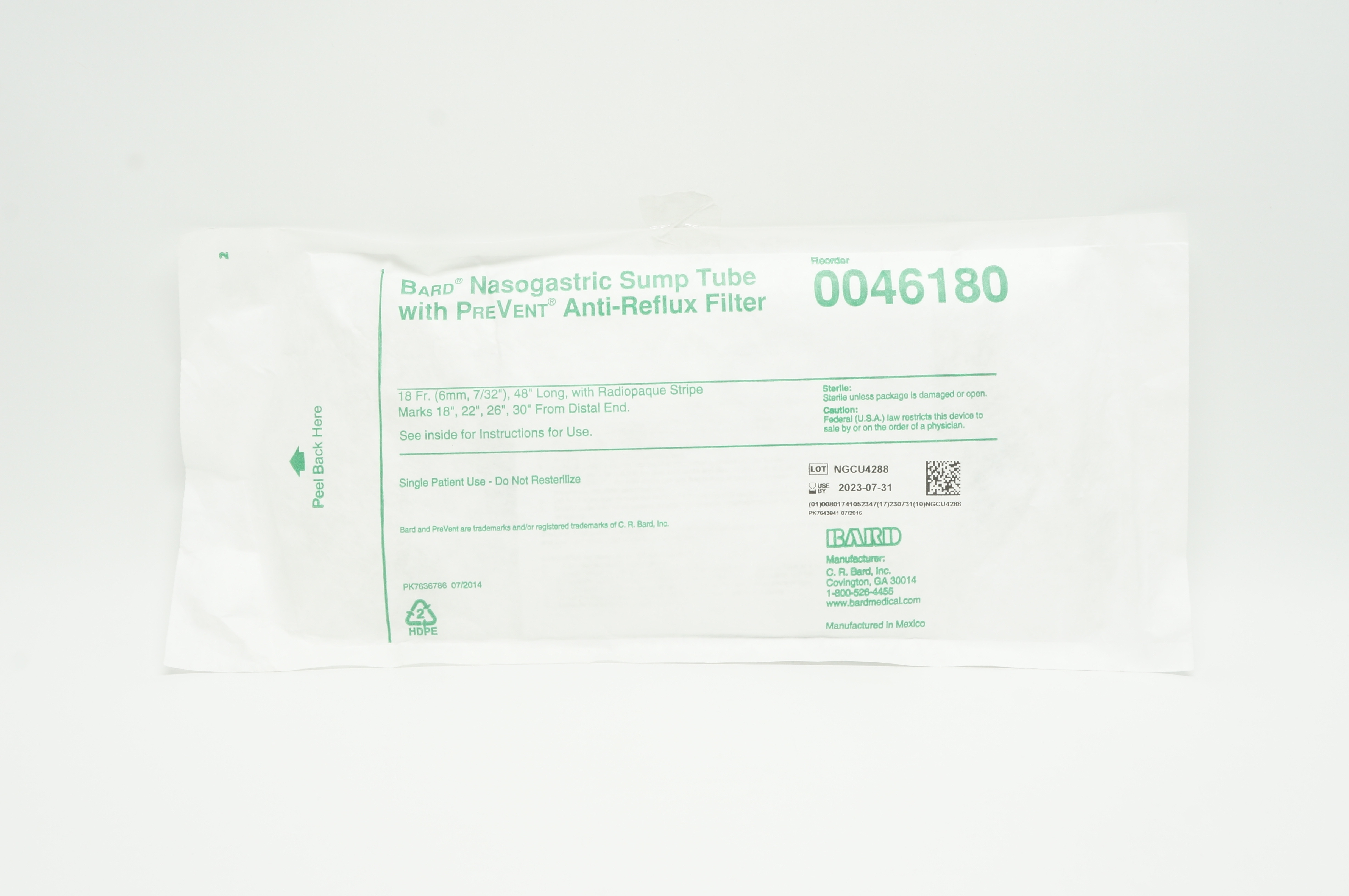 Bard 0046180 Nasogastric Sump Tube W/PreVent Anti-Reflux Filter 18Fr x ...