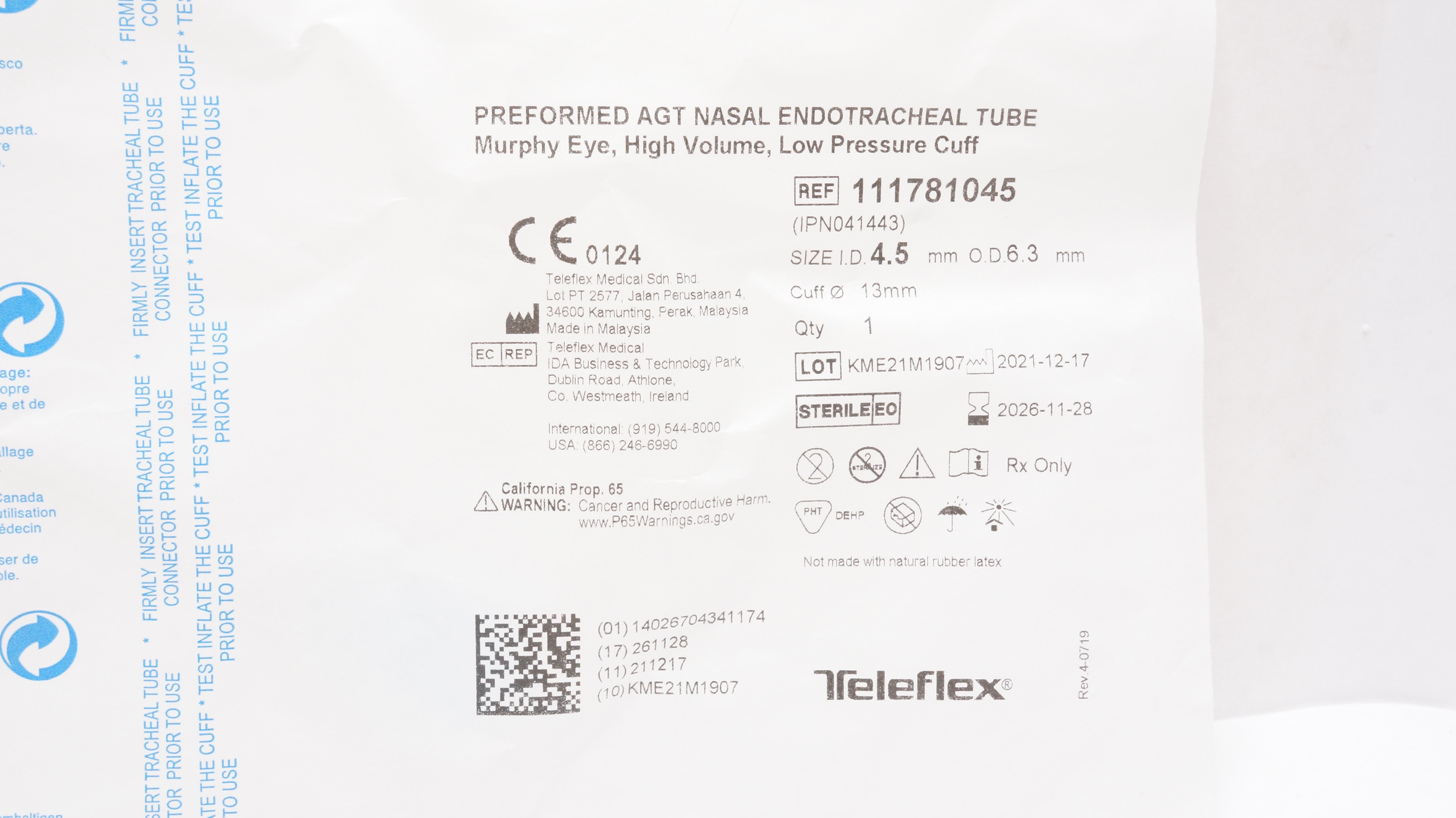 Teleflex 111781045 Preformed Agt Nasal Endotracheal Tube 4.5ID x 6 ...