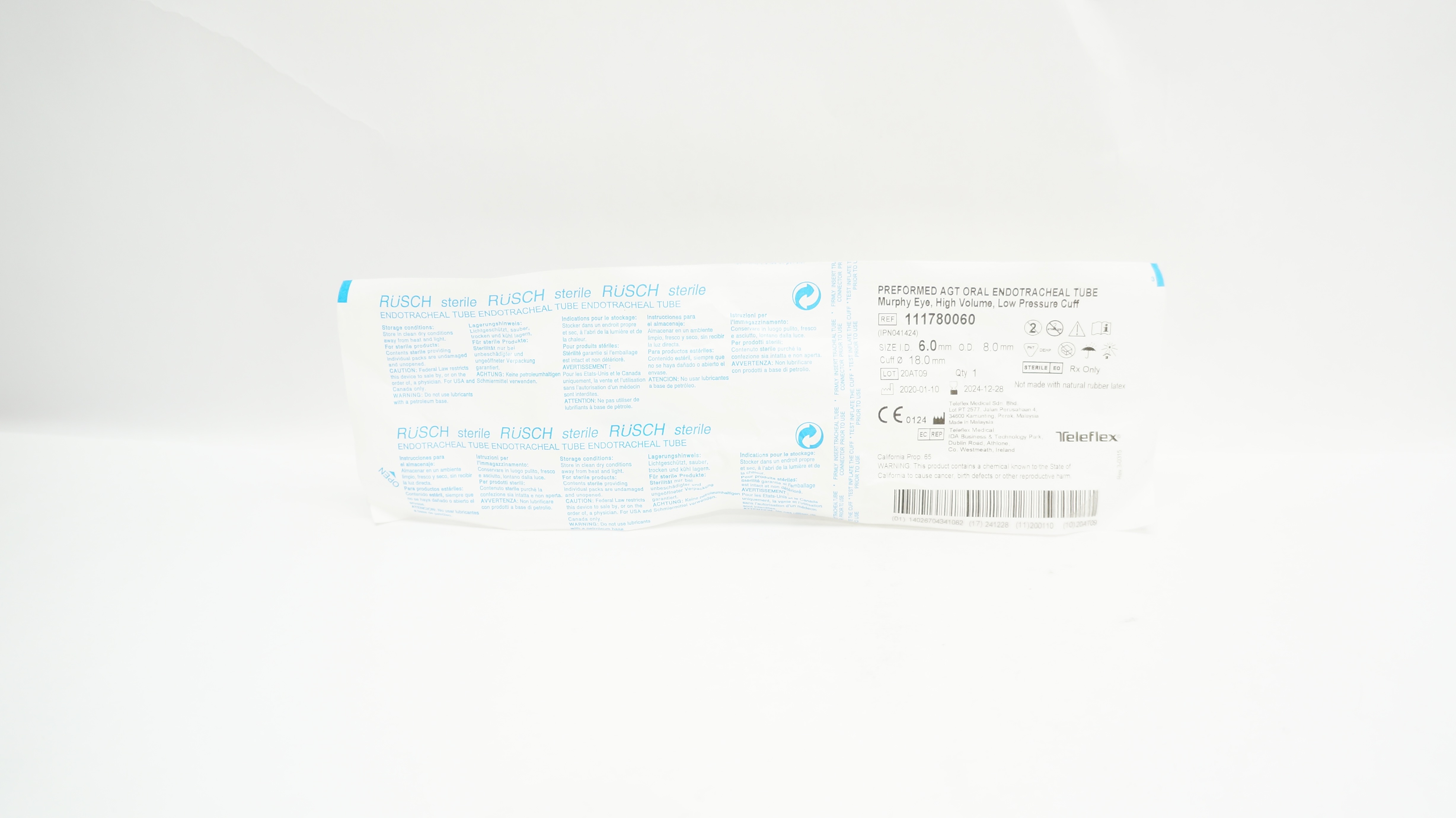 Teleflex 111780060 Preformed AGT Oral Endotracheal Tube 6 x 8 x 18mm