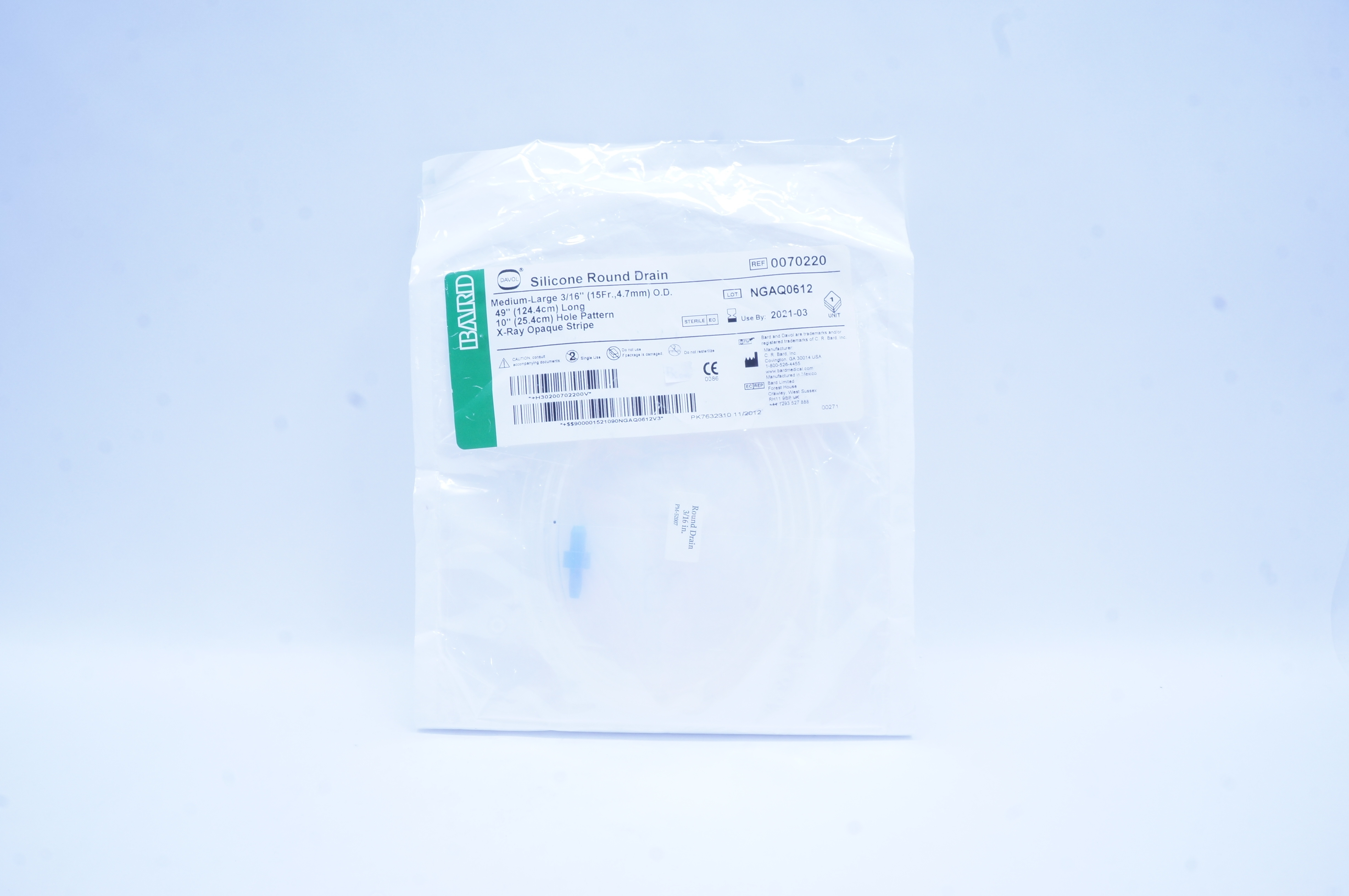 Bard 0070220 Davol Silicone Round Drain 3/16 inch O.D. x 49 inch x 10 inch