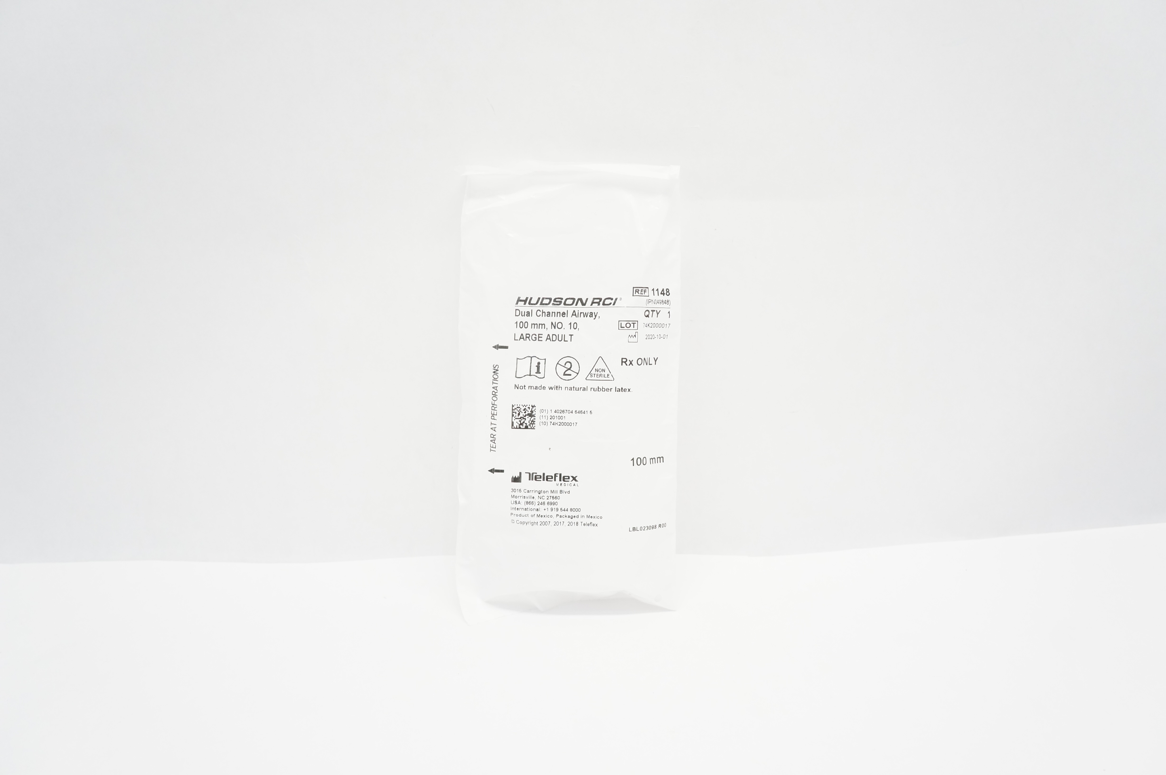 Teleflex 1148 Hudson RCI Dual Channel Airway 100 mm, NO.10, Large Adult