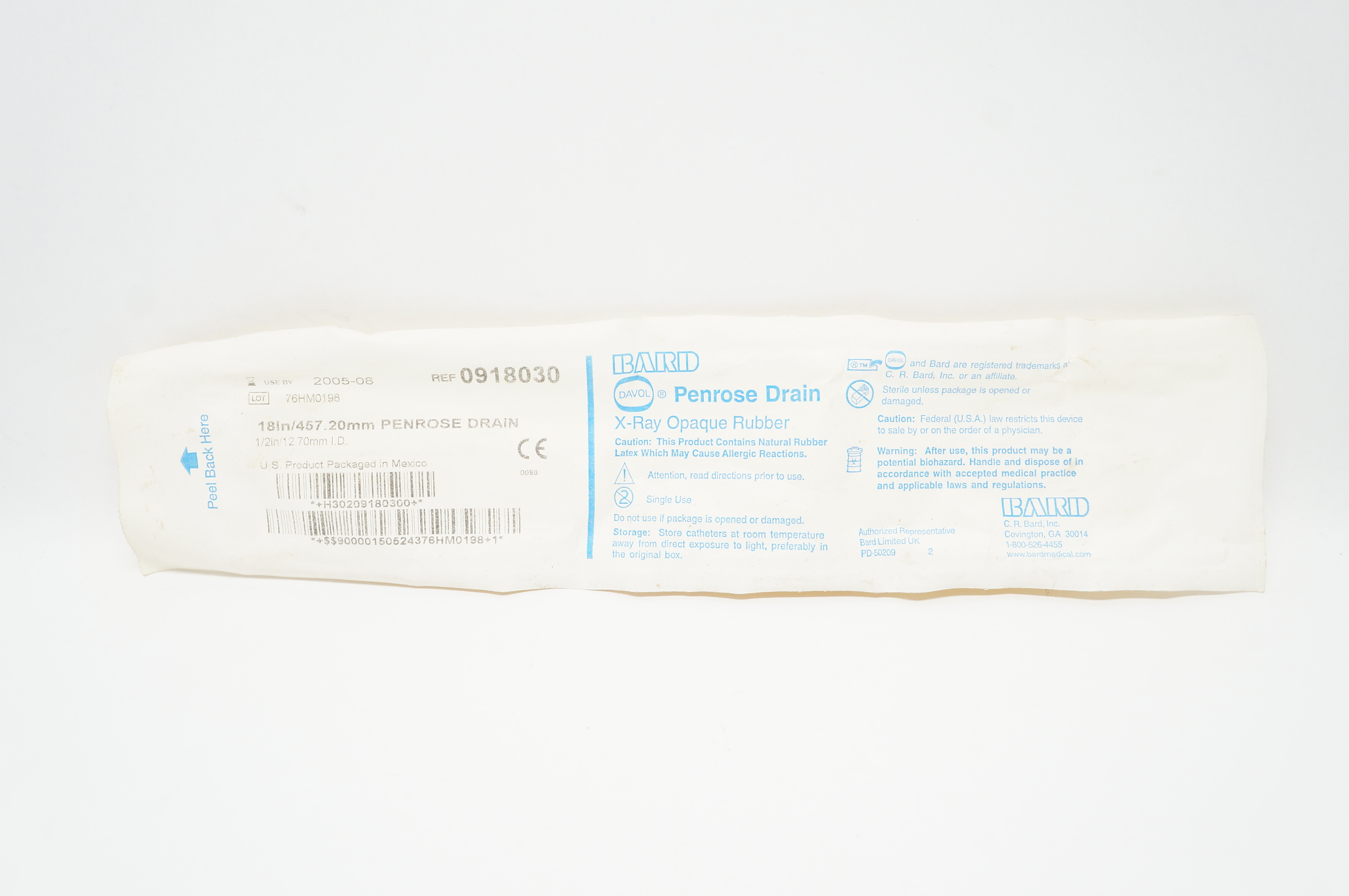 Bard 0918030 Davol Penrose Drain X-Ray Opaque Rubber 1/2inch ID x ...