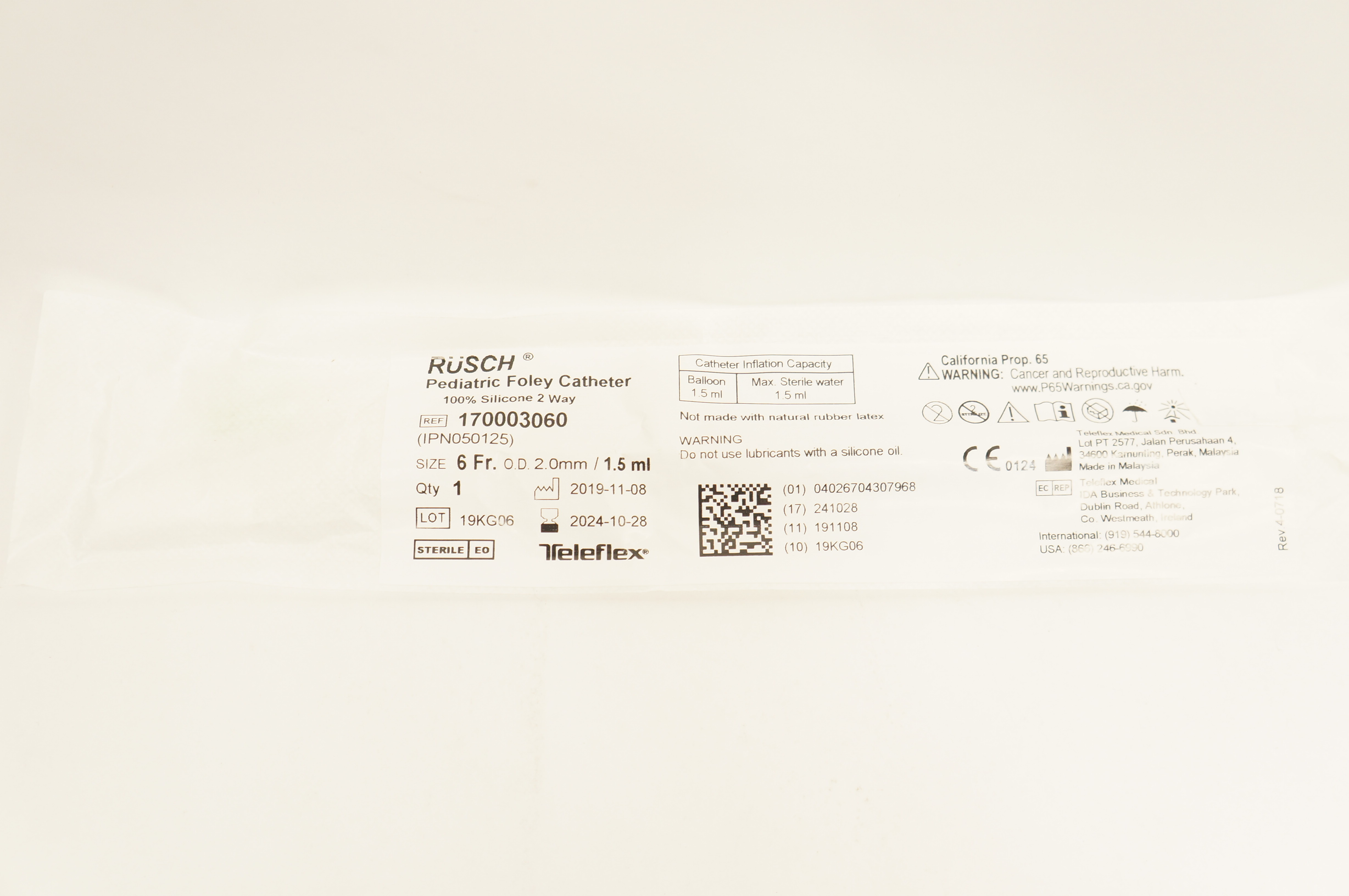 Teleflex 170003060 RUSCH Pediatric Foley Cath. 6Fr x 2.0mm O.D. x 1.5ml