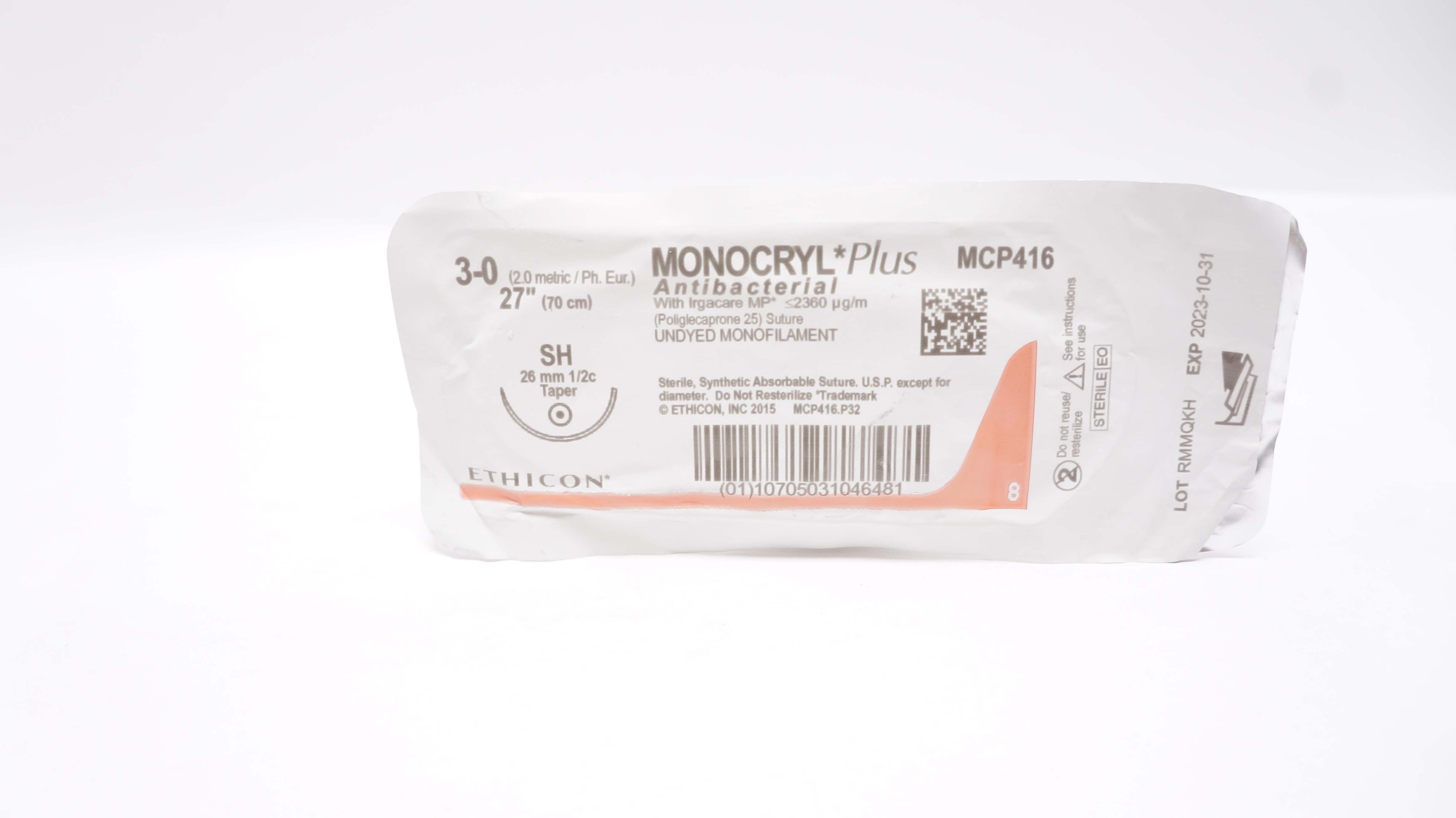 Ethicon MCP416 3-0 MONOCRYL Plus Antibacterial Stre SH 26mm 1/2c Taper ...