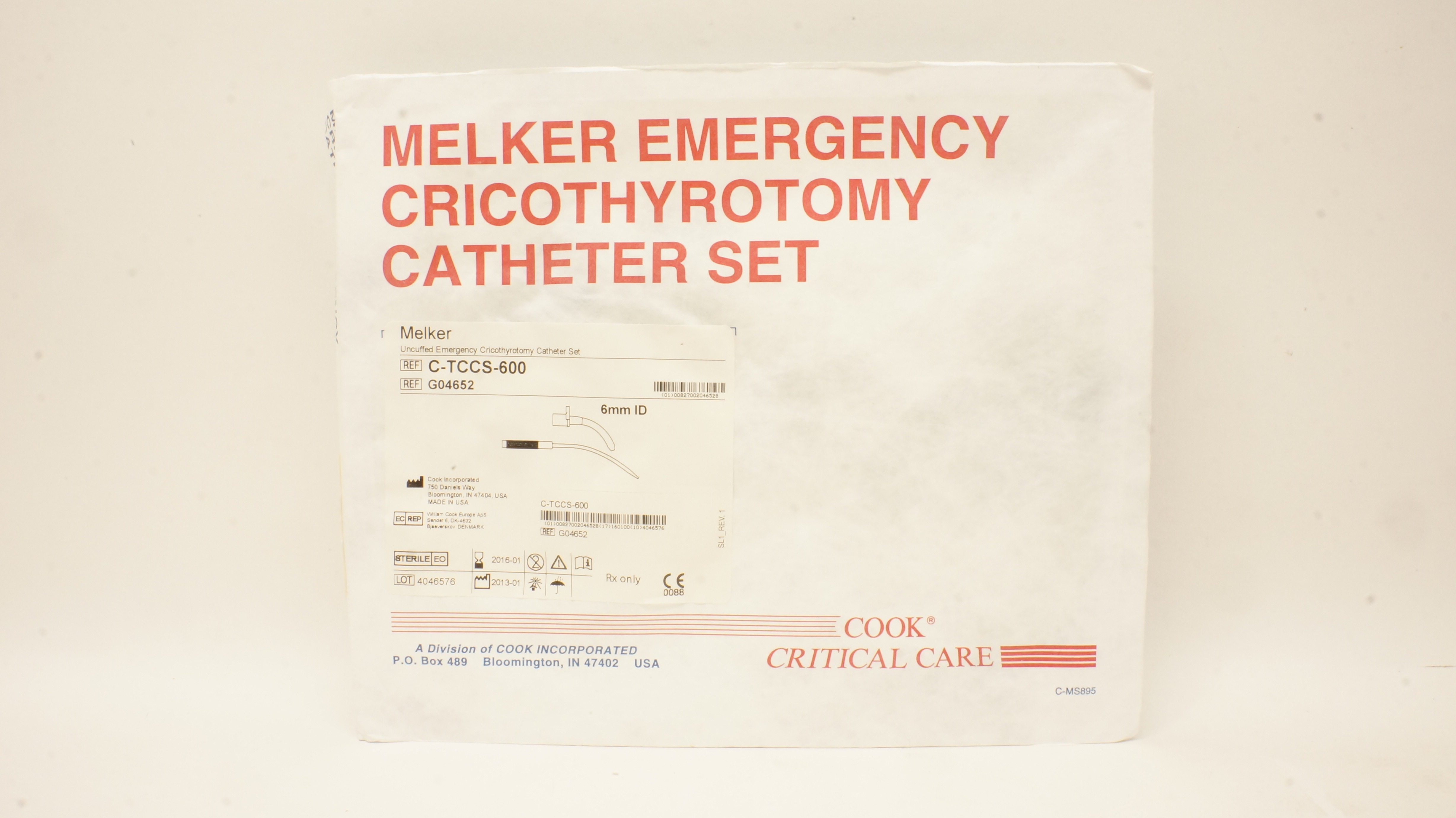 Cook Medical G04652 Melker Uncuffed Emergency Cricothyrotomy Cath. Set ...