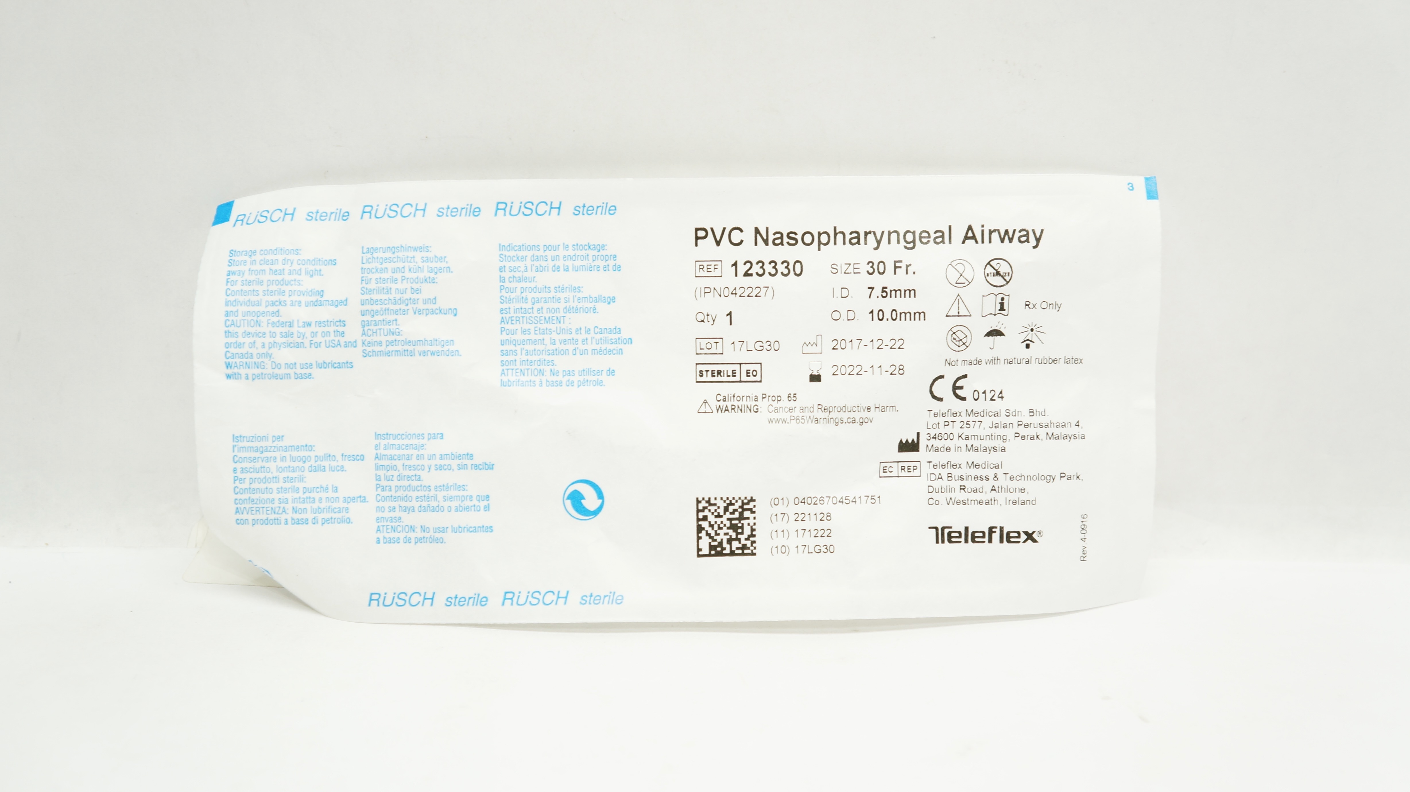 Teleflex 123330 Rusch PVC Nasopharyngeal Airway 30 Fr x 7.5 ID x 10.0 ...