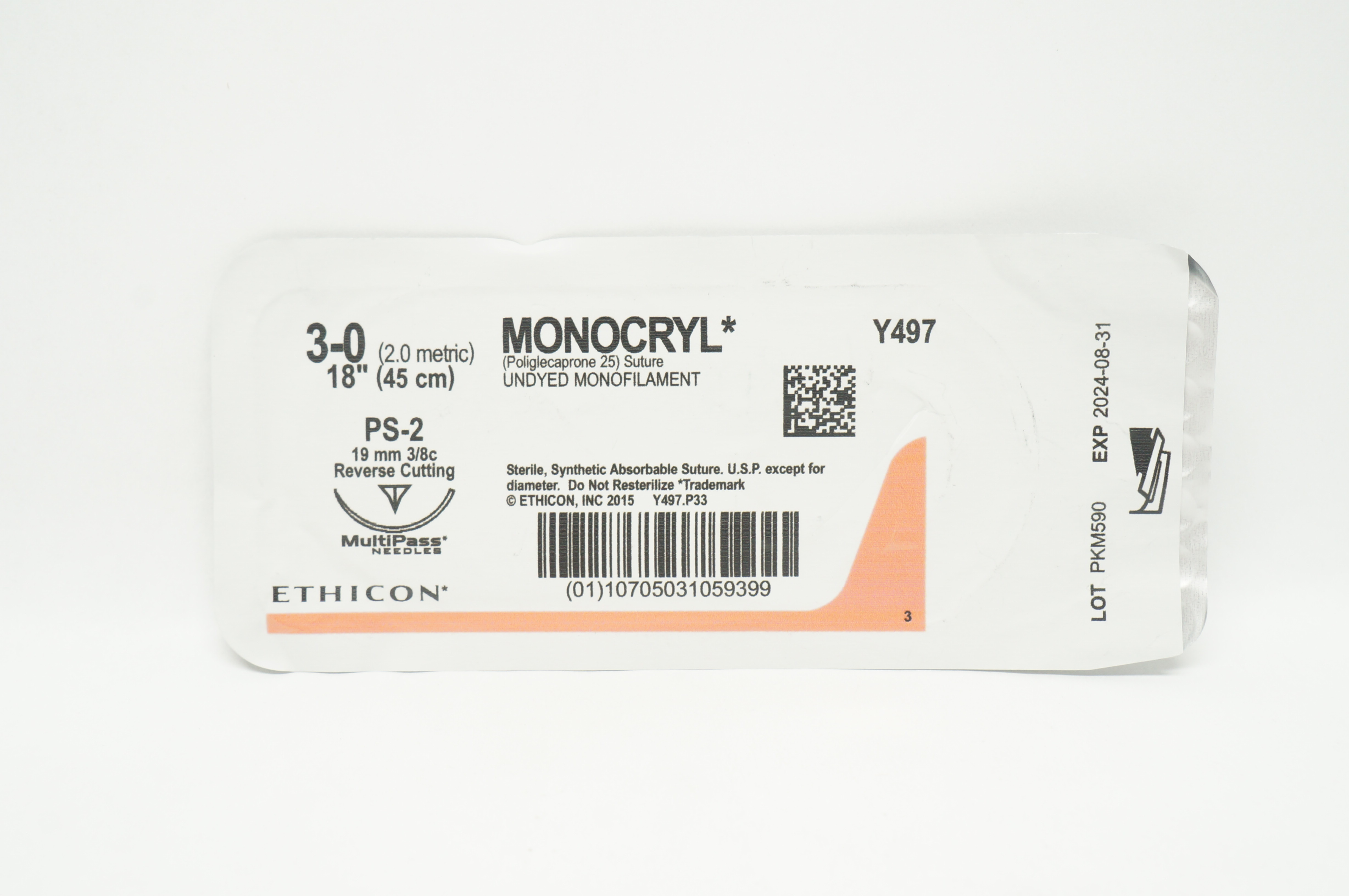 Ethicon Y497 3-0 MONOCRYL Stre PS-2 19mm 3/8c Reverse Cutting, 18inch