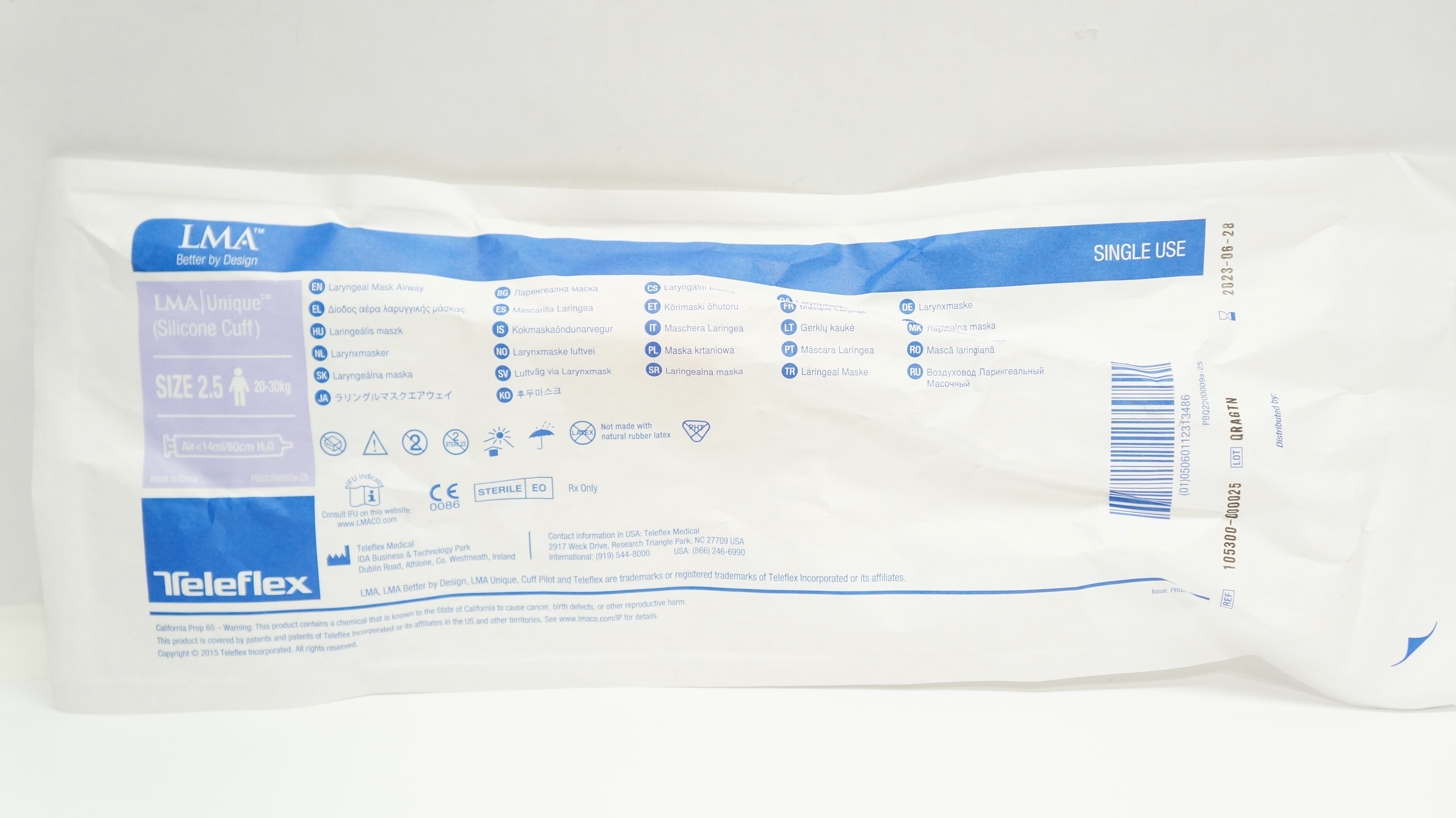 Teleflex 105300-000025 Unique Laryngeal Mask Airway Size 2.5, 20-30kg