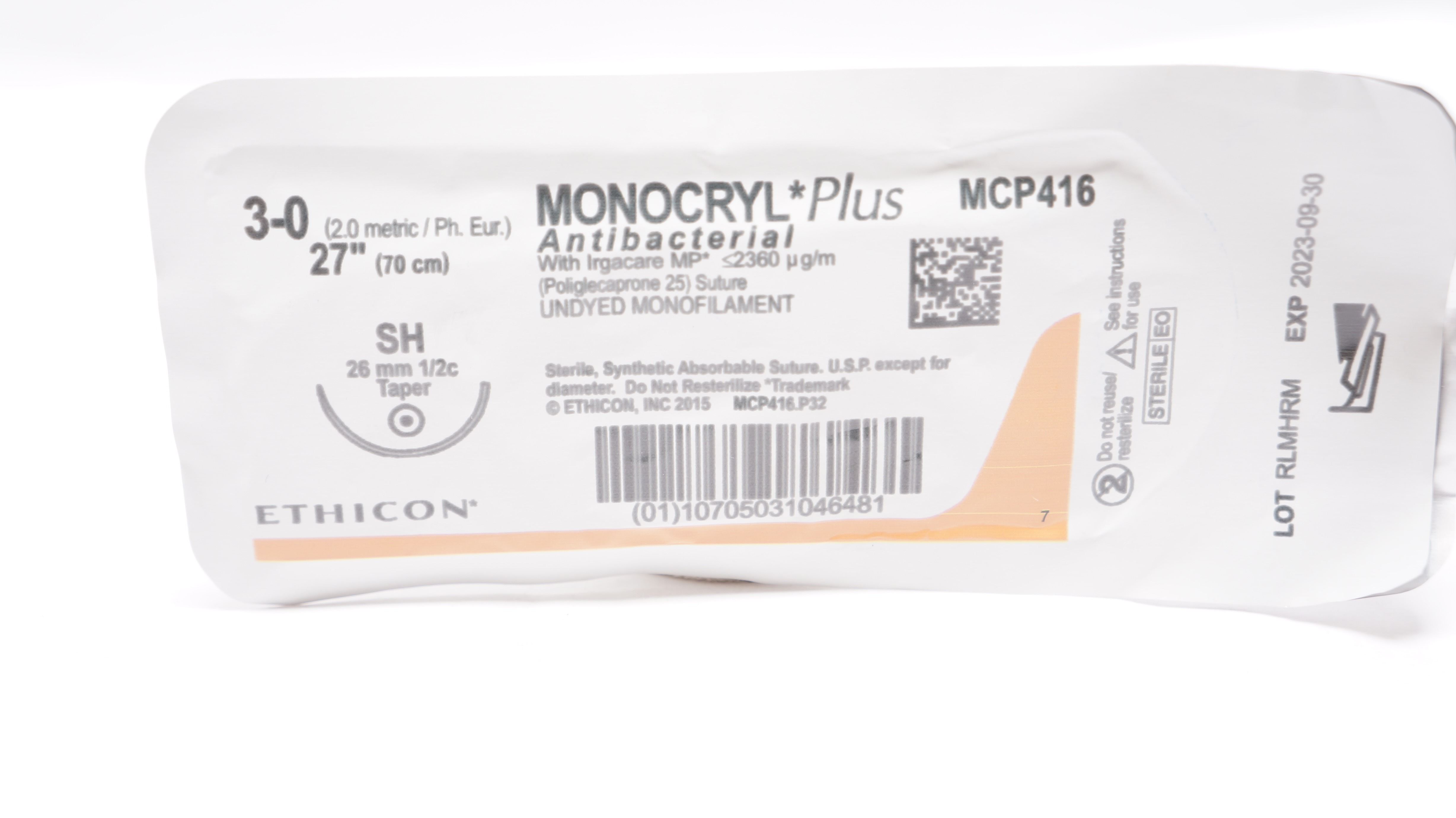 Ethicon MCP416 3-0 MONOCRYL Plus Antibacterial Stre SH 26mm 1/2c Taper ...