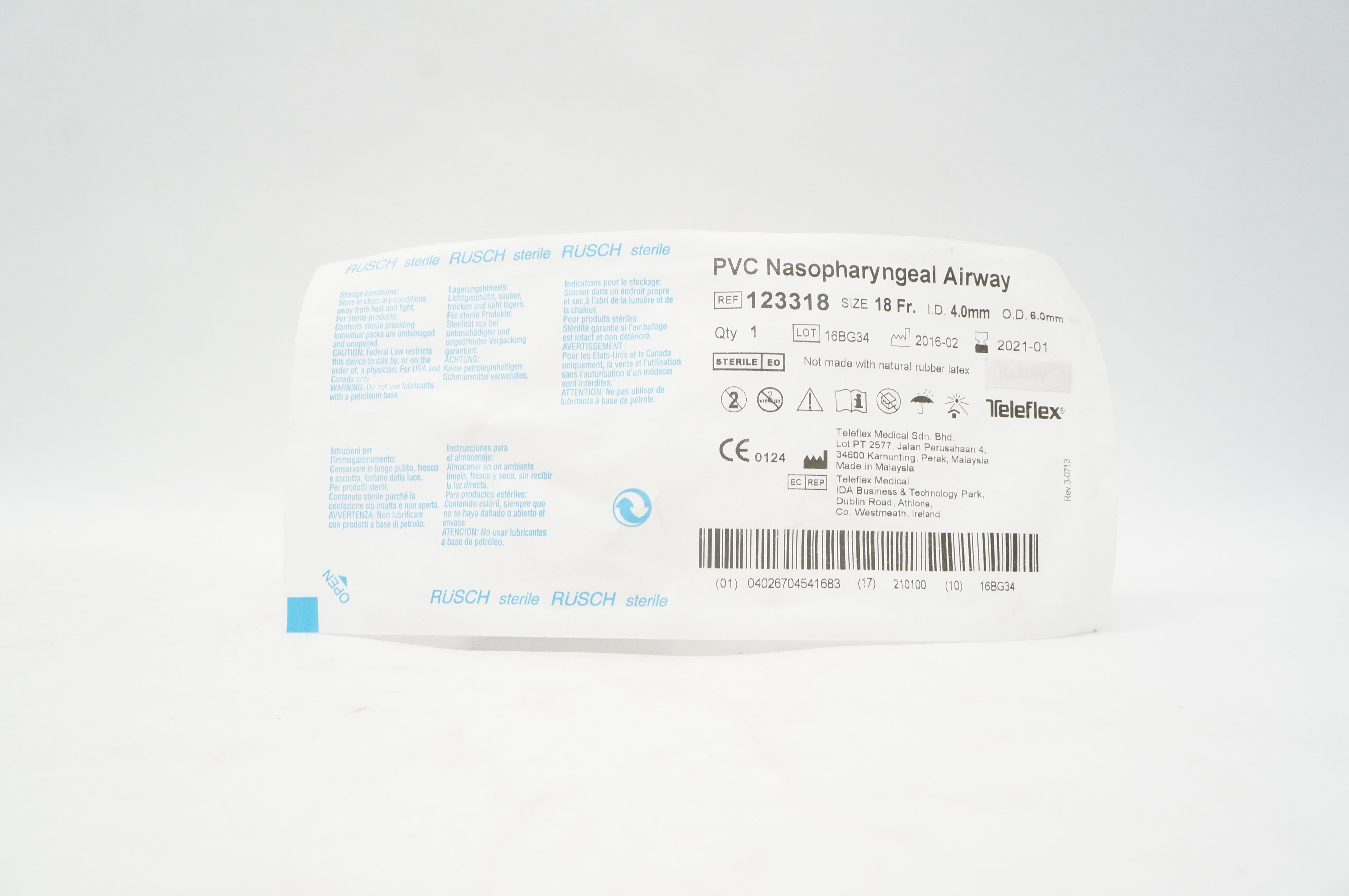 Teleflex 123318 Rusch PVC Nasopharyngeal Airway 18Fr x ID 4.0mm x OD 6 ...