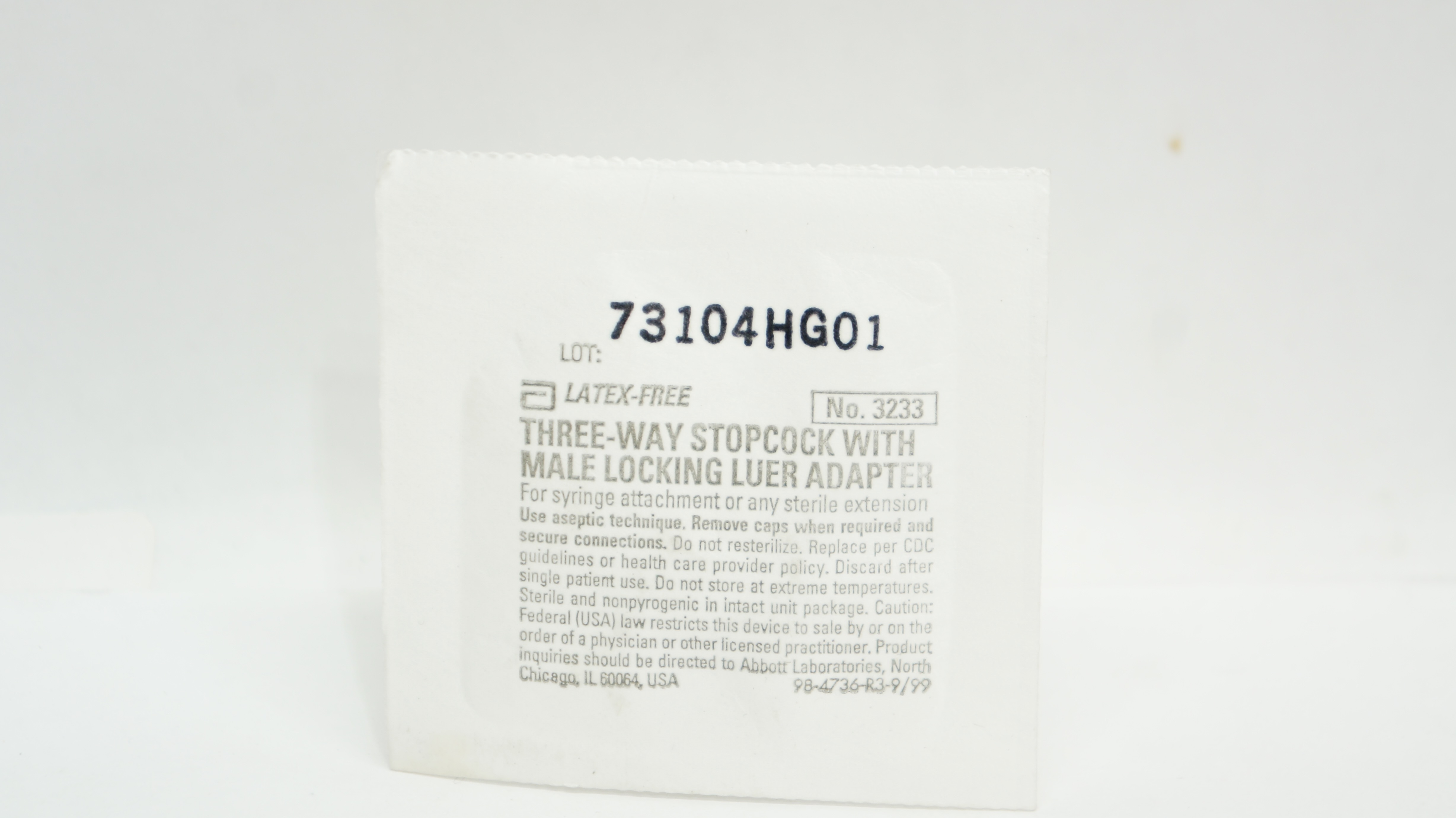 Abbott 3233 Three-Way Stopcock with Male Locking Luer Adapter
