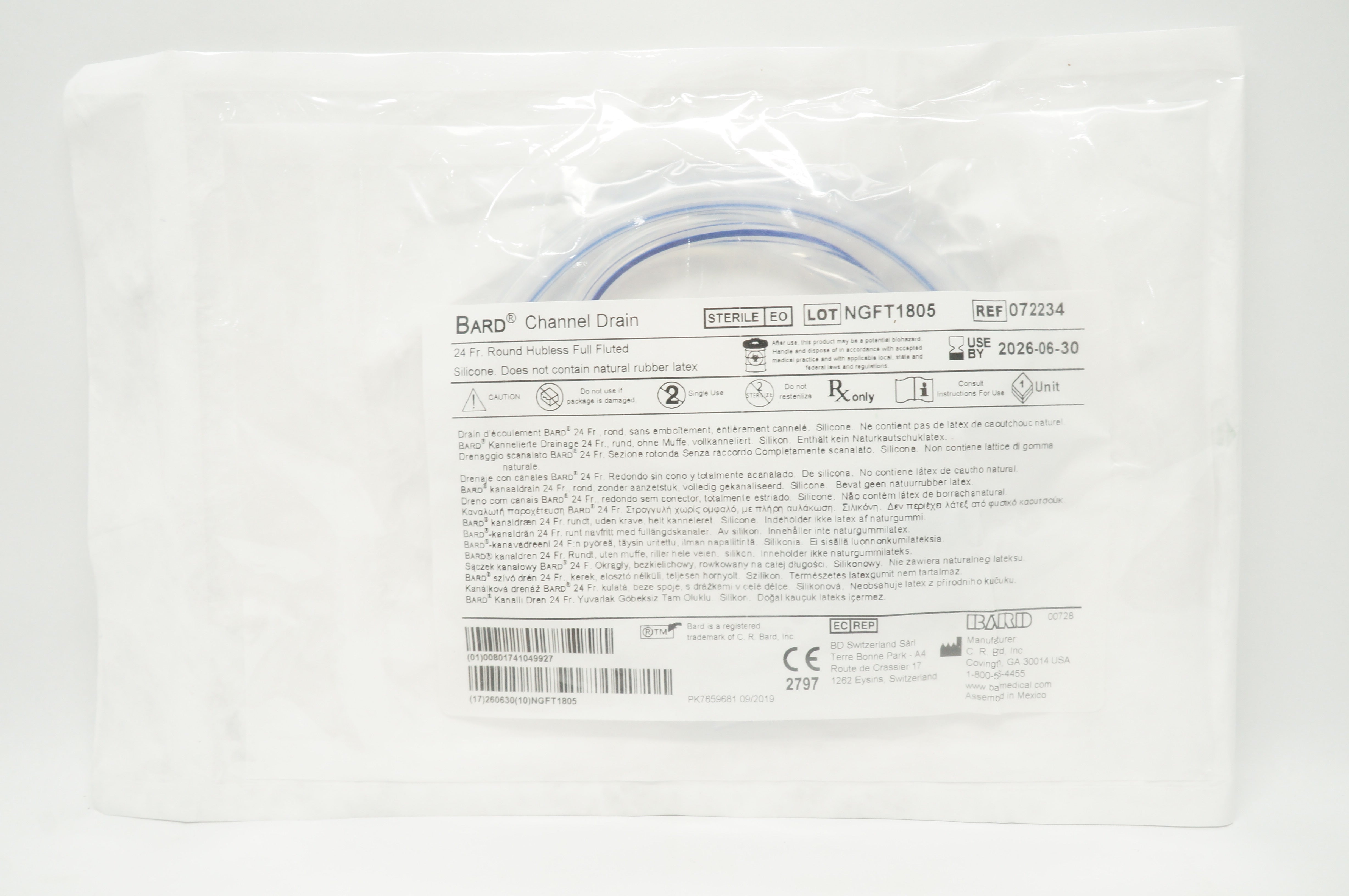 Bard 072234 Channel Drain Round Hubless Full Fluted Silicone, 24 Fr.