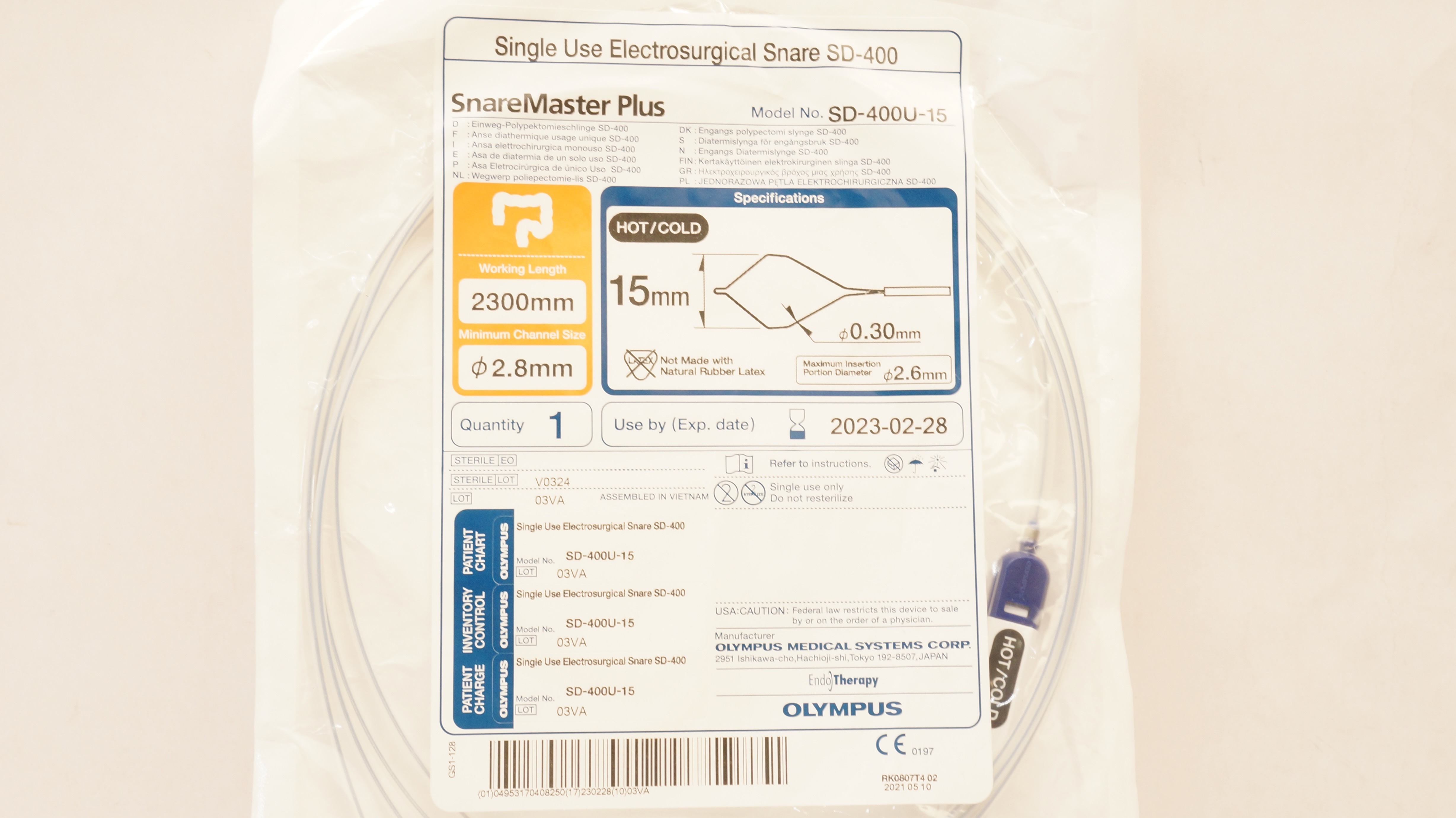 Olympus SD-400U-15 SnareMaster Plus Electrosurgical Snare 2300 x 2.8 x ...