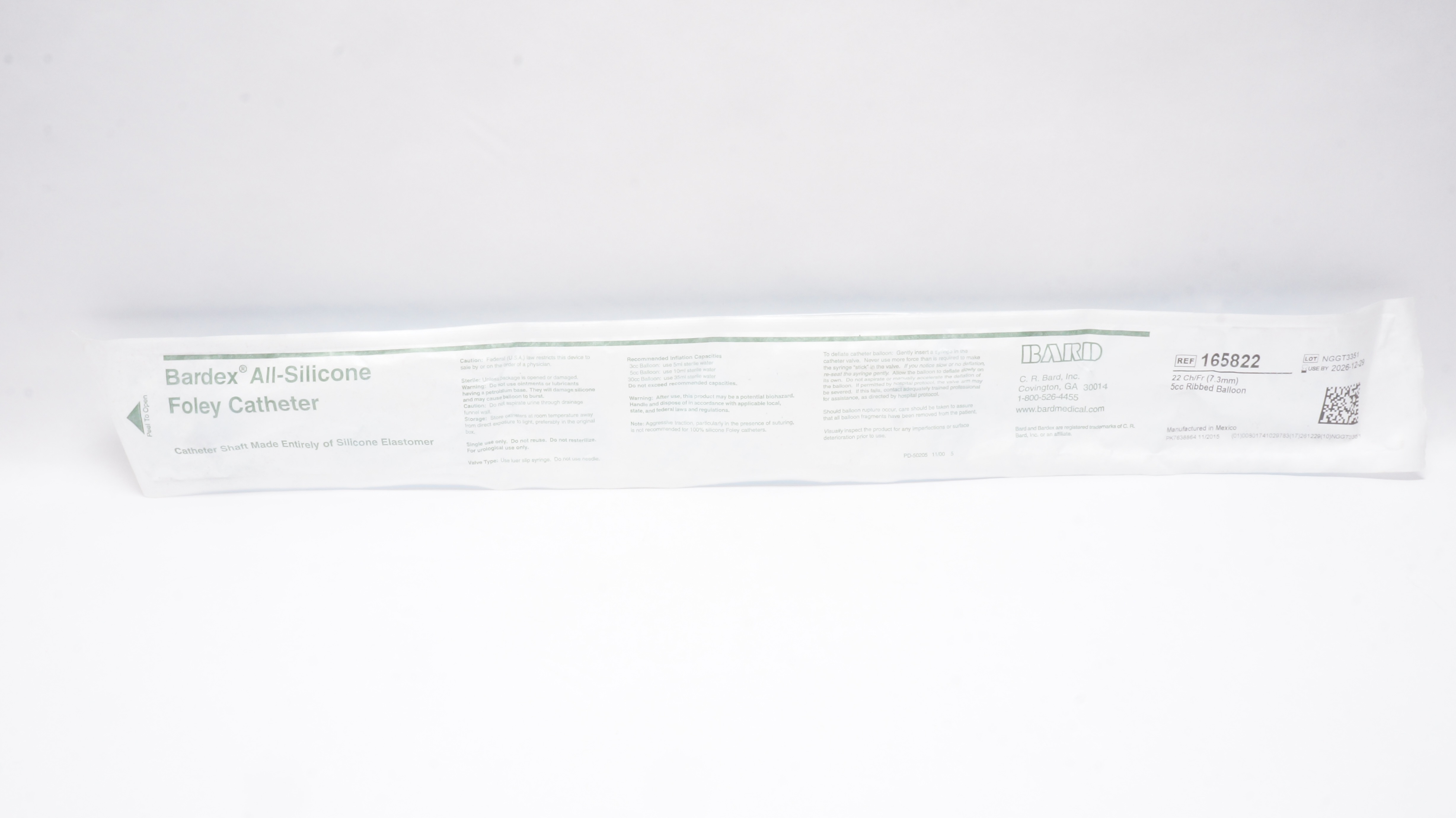 Bard 165822 Bardex All-Silicone Foley Cath. 22 Fr. 5cc Ribbed Balloon