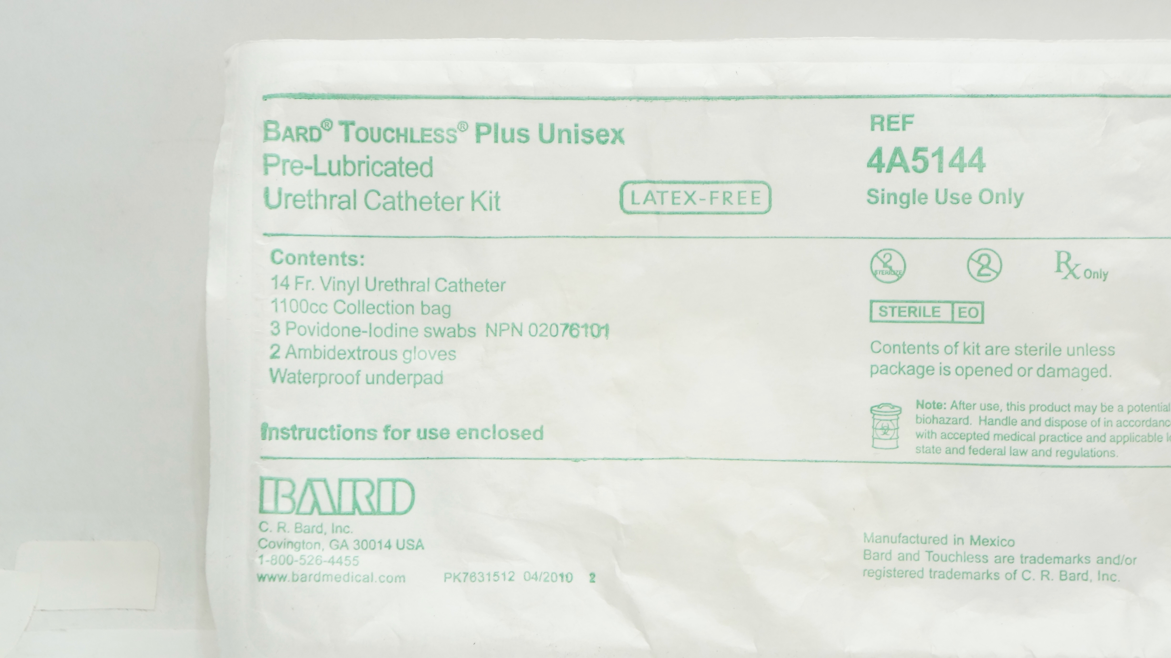 Bard 4A5144 Touchless Plus Unisex Pre-Lubricated Urethral Cath. Kit 14 ...
