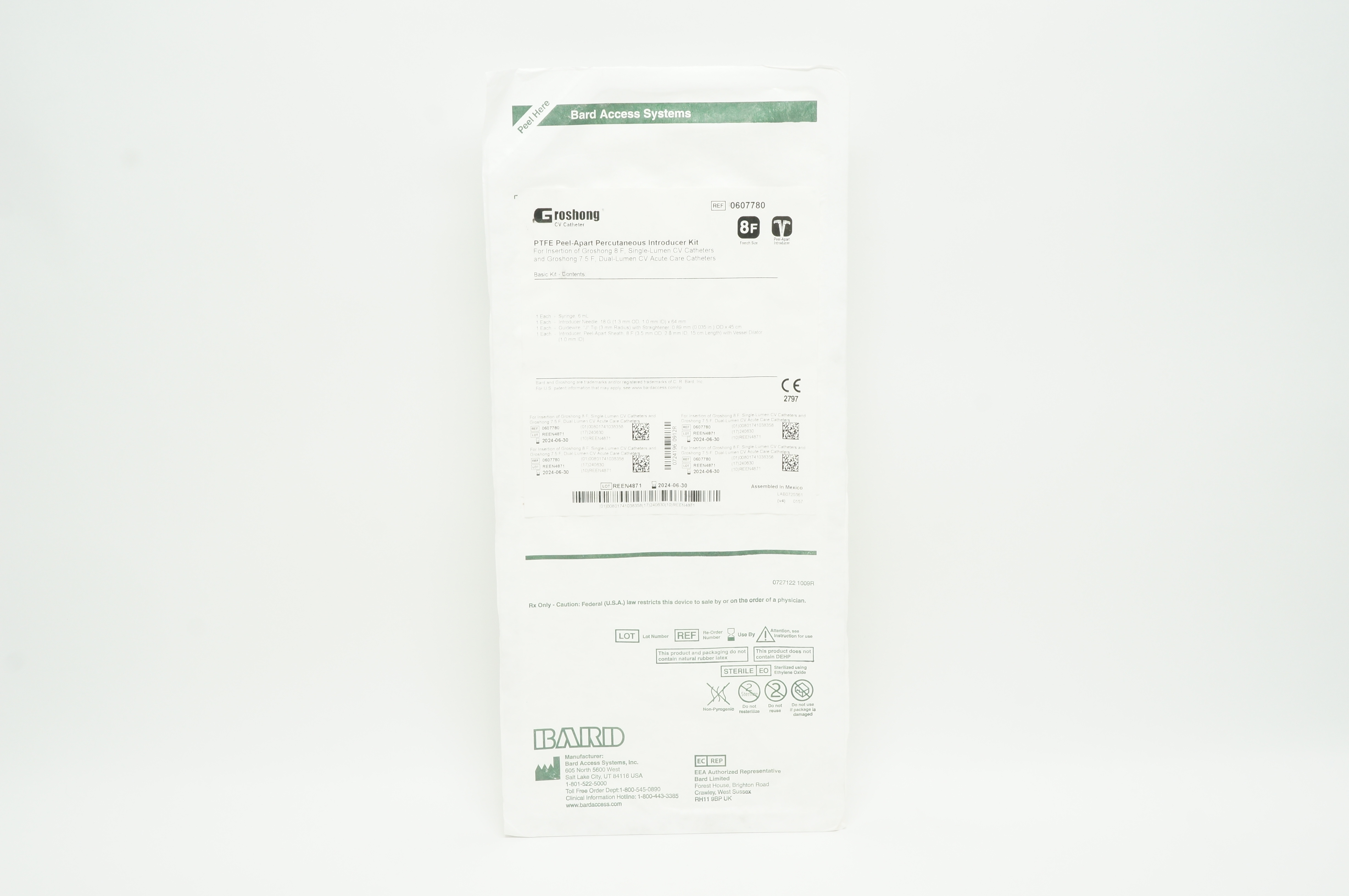 Bard 0607780 Groshong 8F PTFE Peel-Apart Percutaneous Introducer Kit
