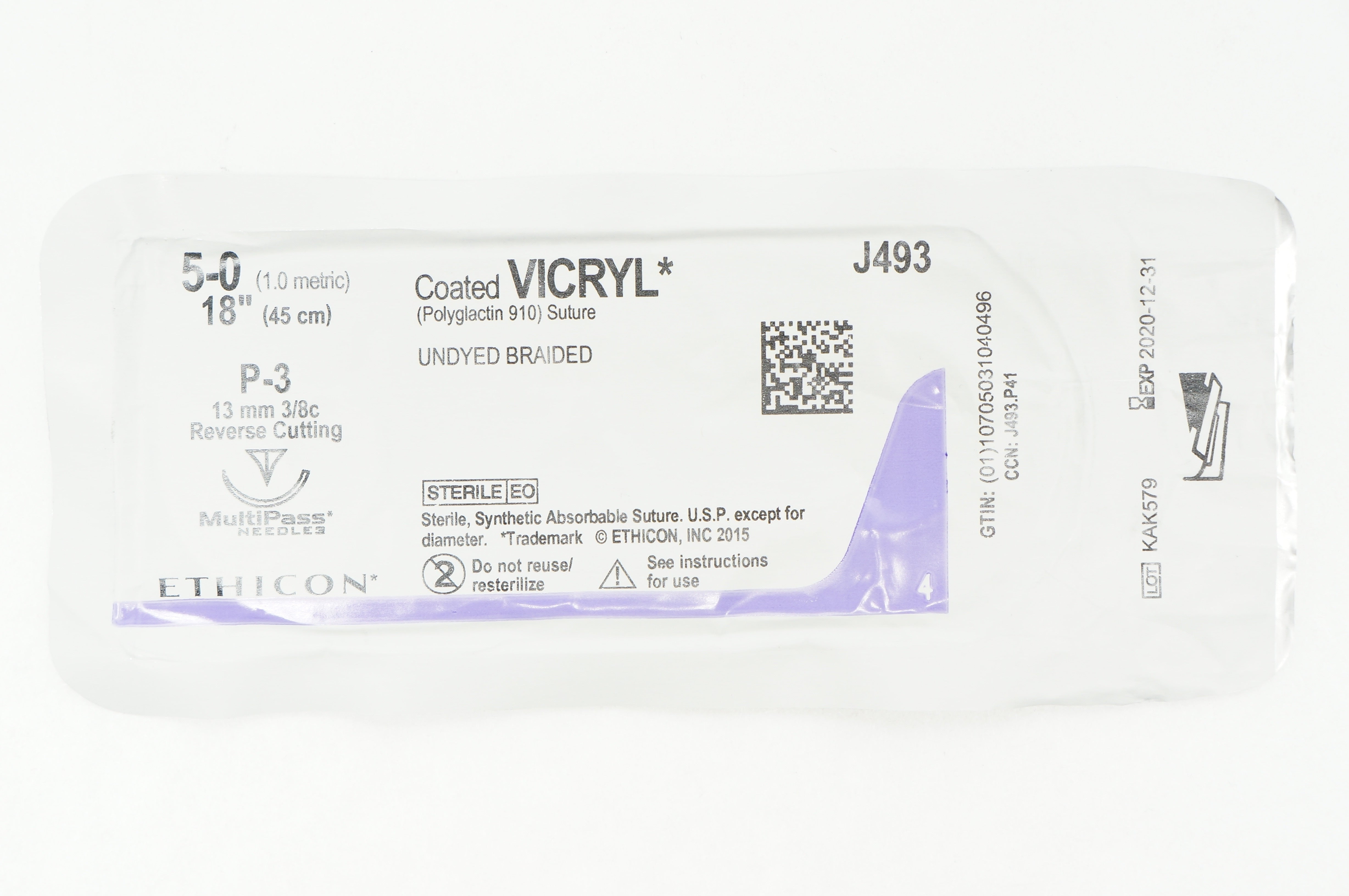 Ethicon J493 5-0 Coated VICRYL Stre P-3, 13mm 3/8c Reverse Cutting ...