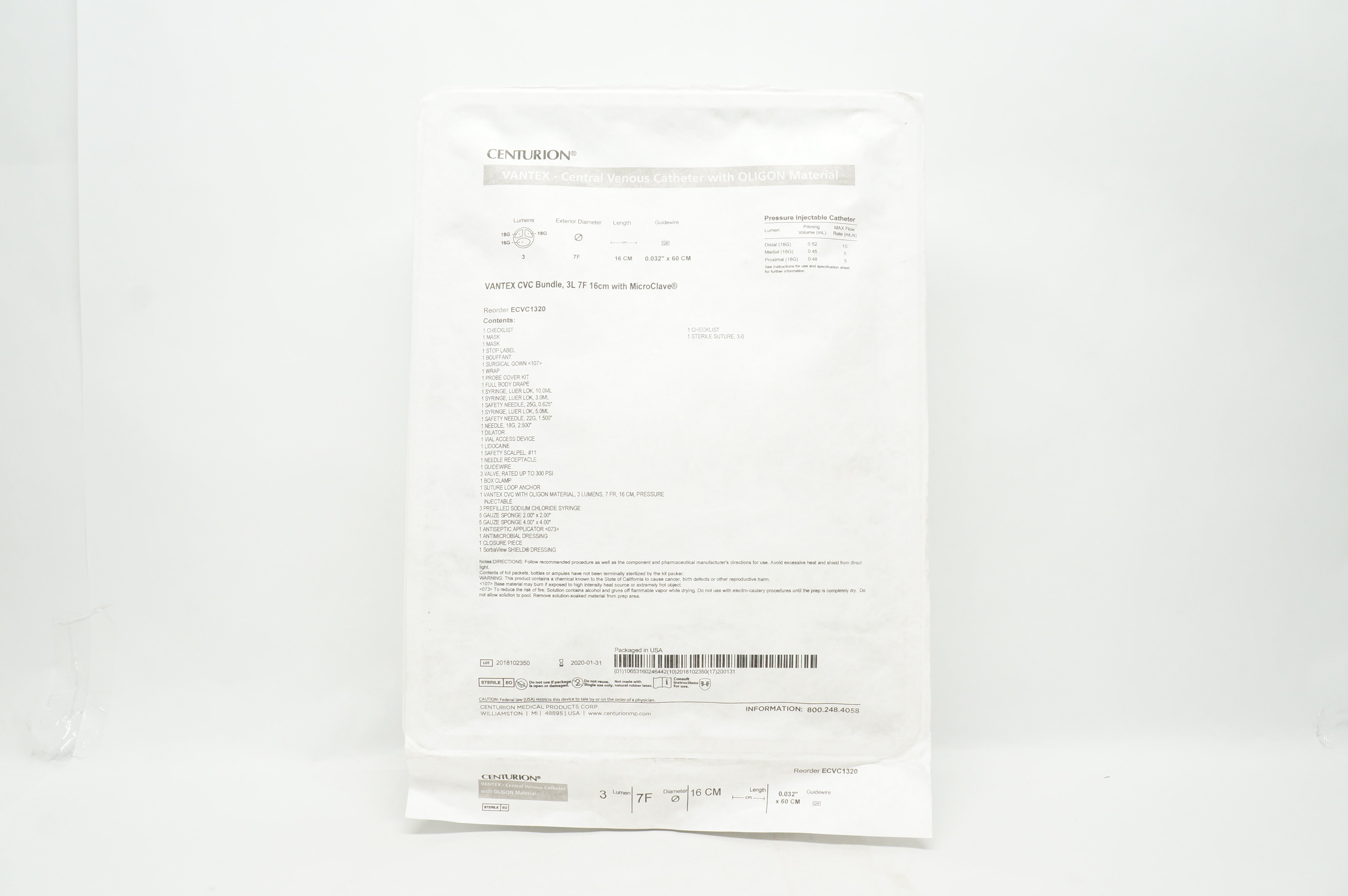Centurion ECVC1320 Vantex Central Venous Catheter with Oligon Material ...